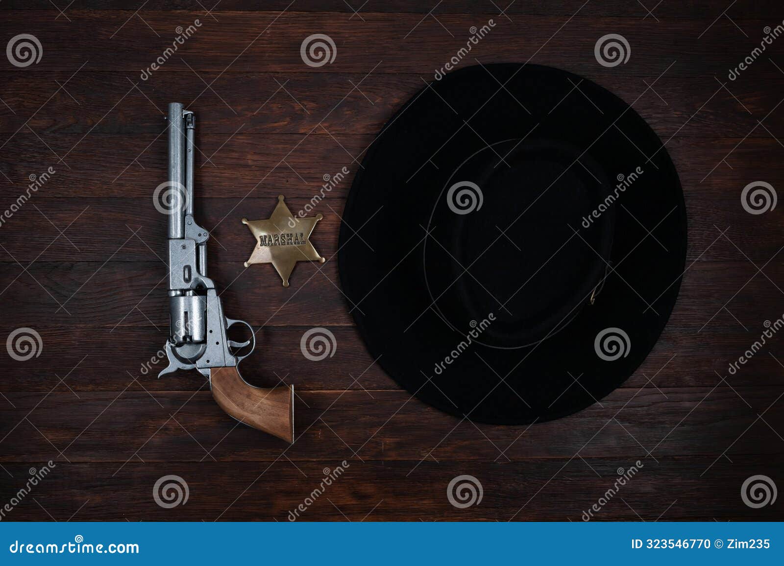 Old West Gun, Marshal Star and Hat on Table. Top View Stock Photo ...
