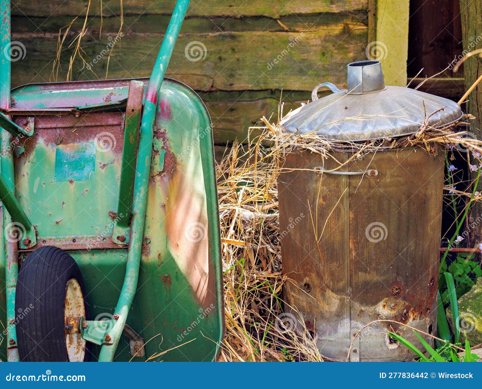 Old Wheel Barrow and Fire Bin in the Garden Stock Photo - Image of ...