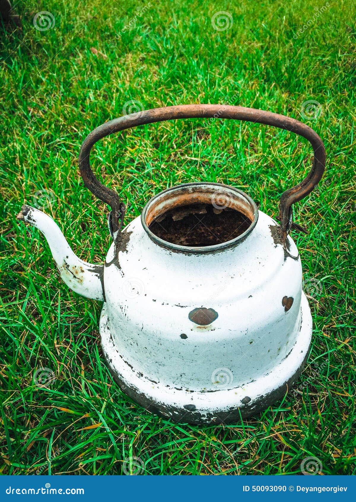 Old White Battered Kettle on Meadow Stock Photo - Image of kettle ...