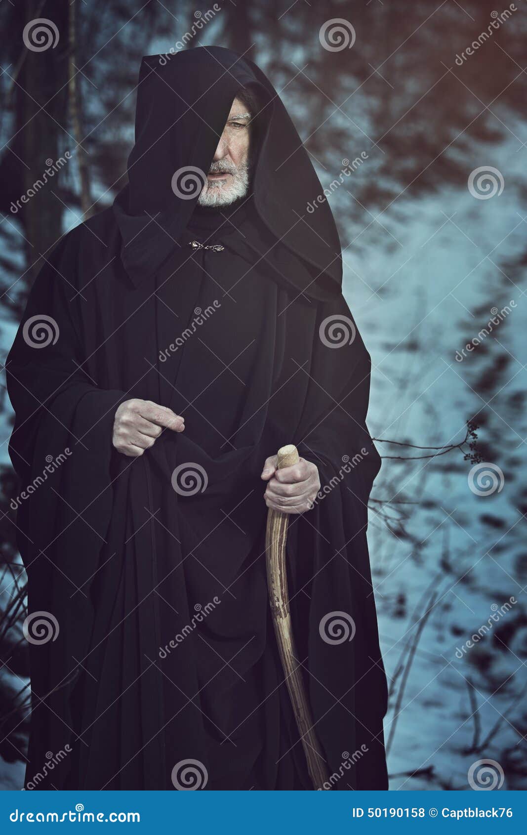 Old White Beard Pilgrim In Dark Forest With Snow Stock Photography ...