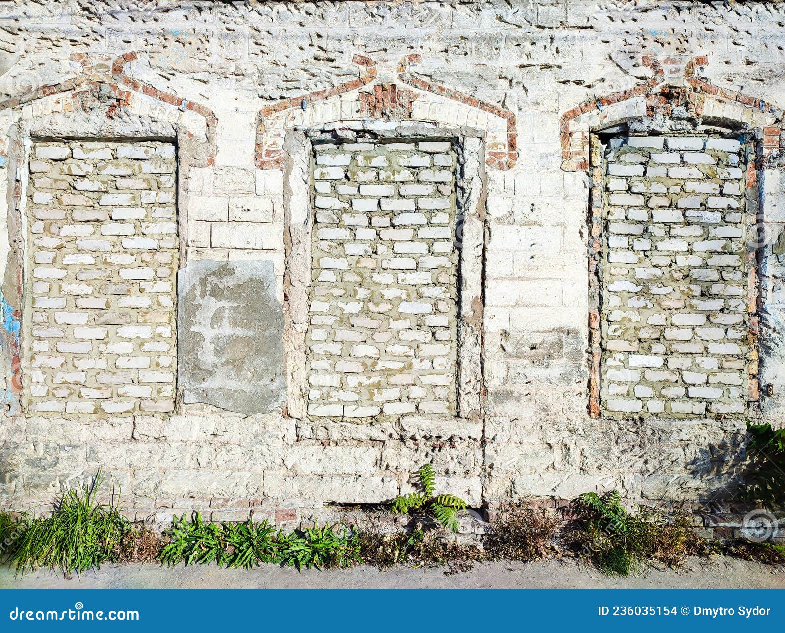 Old White Brick Wall with Three Bricked Windows Stock Photo - Image of ...