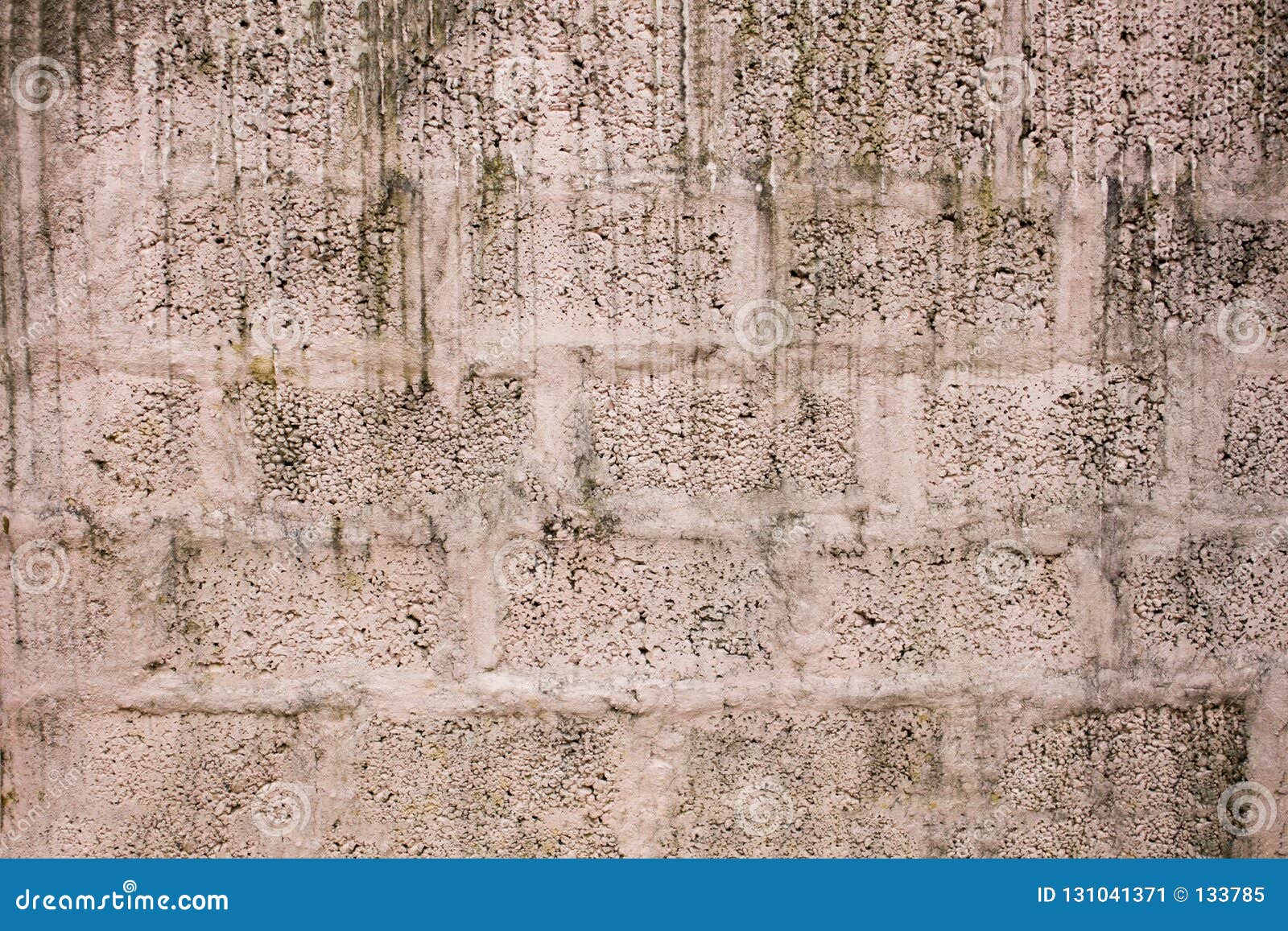 A Old White Pink Concrete Wall of Large Bricks. Drips of Dirt and Paint ...