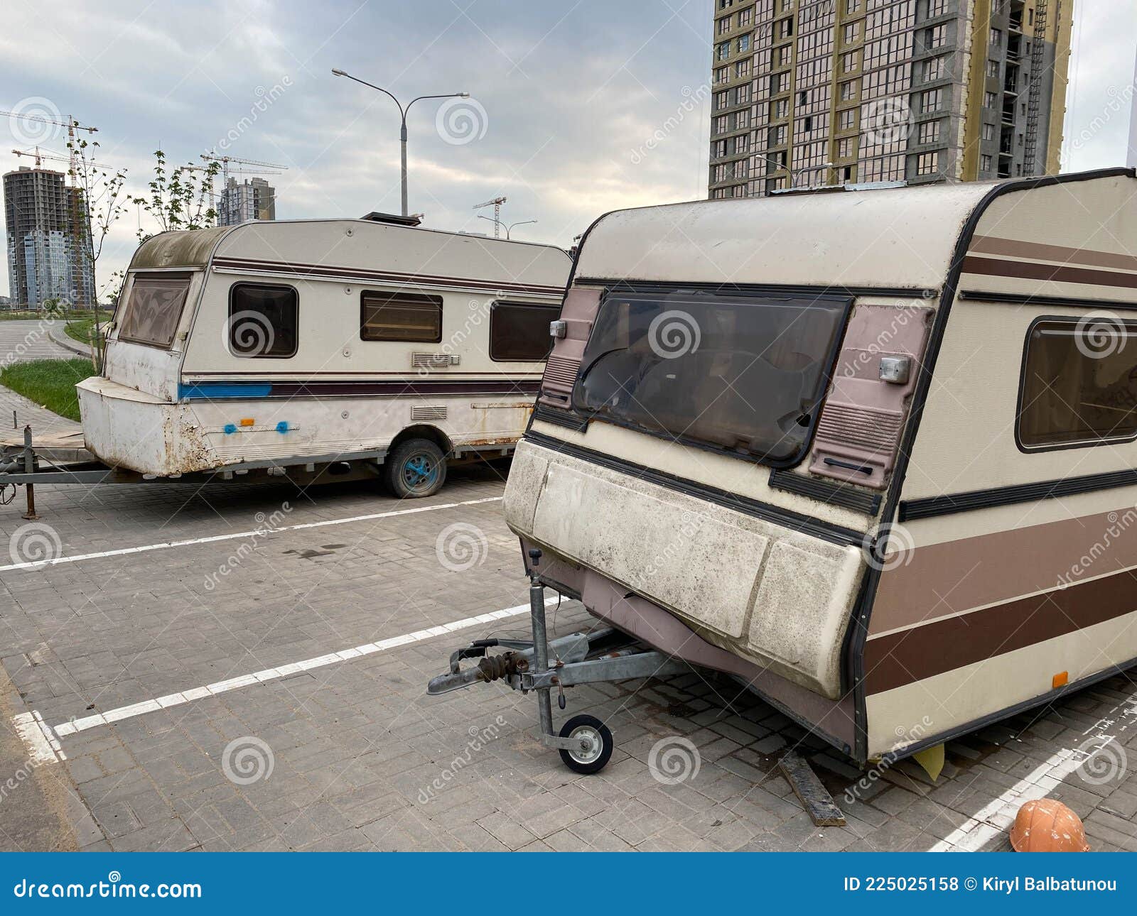 Old White Rusty Caravan Trailers, Mobile Homes are Parked Stock Photo ...