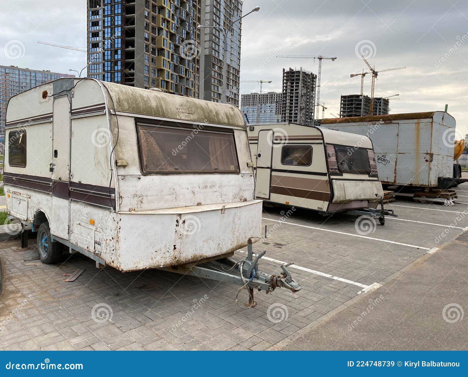 Old White Rusty Caravan Trailers, Mobile Homes are Parked Stock Image ...