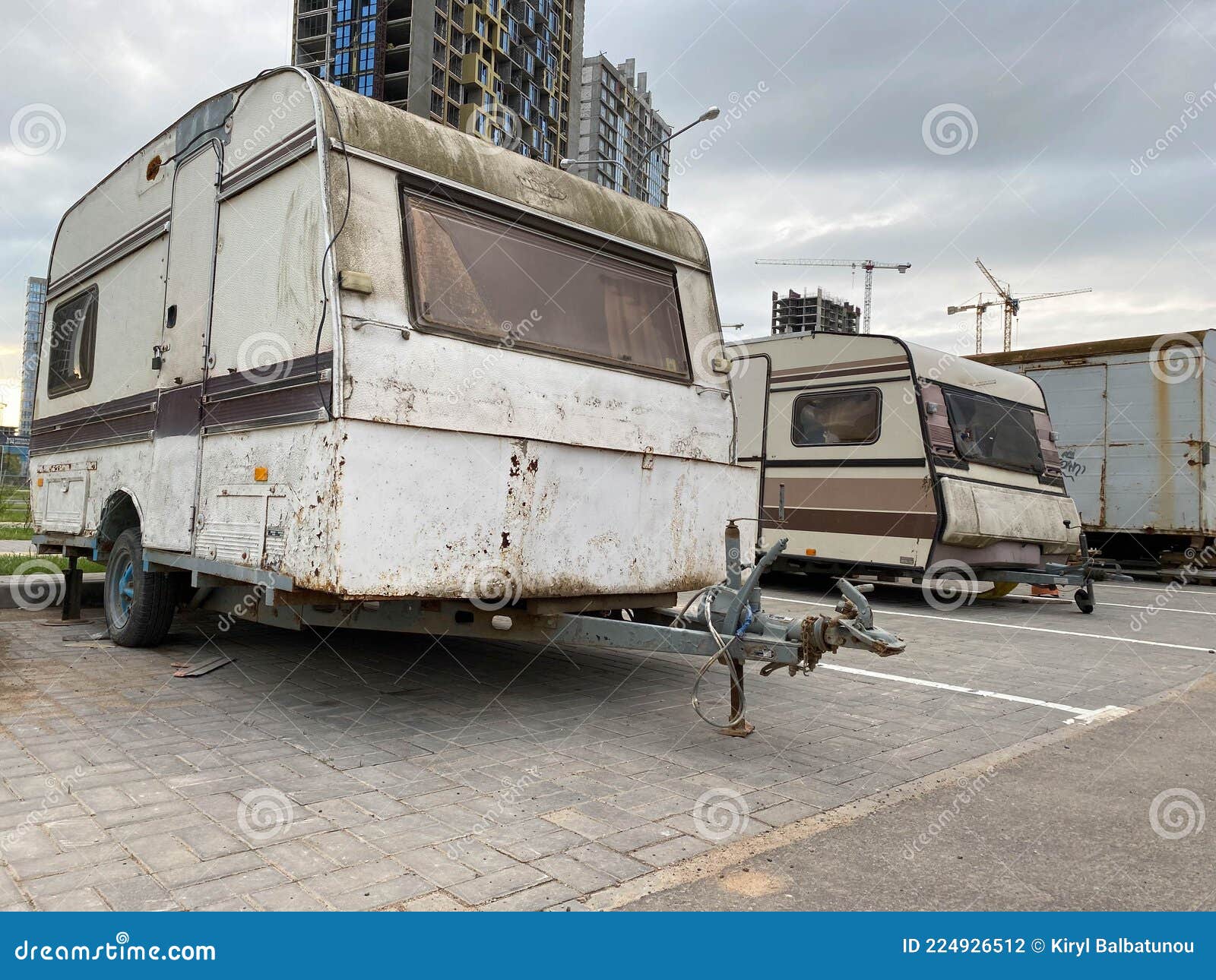 Old White Rusty Caravan Trailers, Mobile Homes are Parked Stock Photo ...