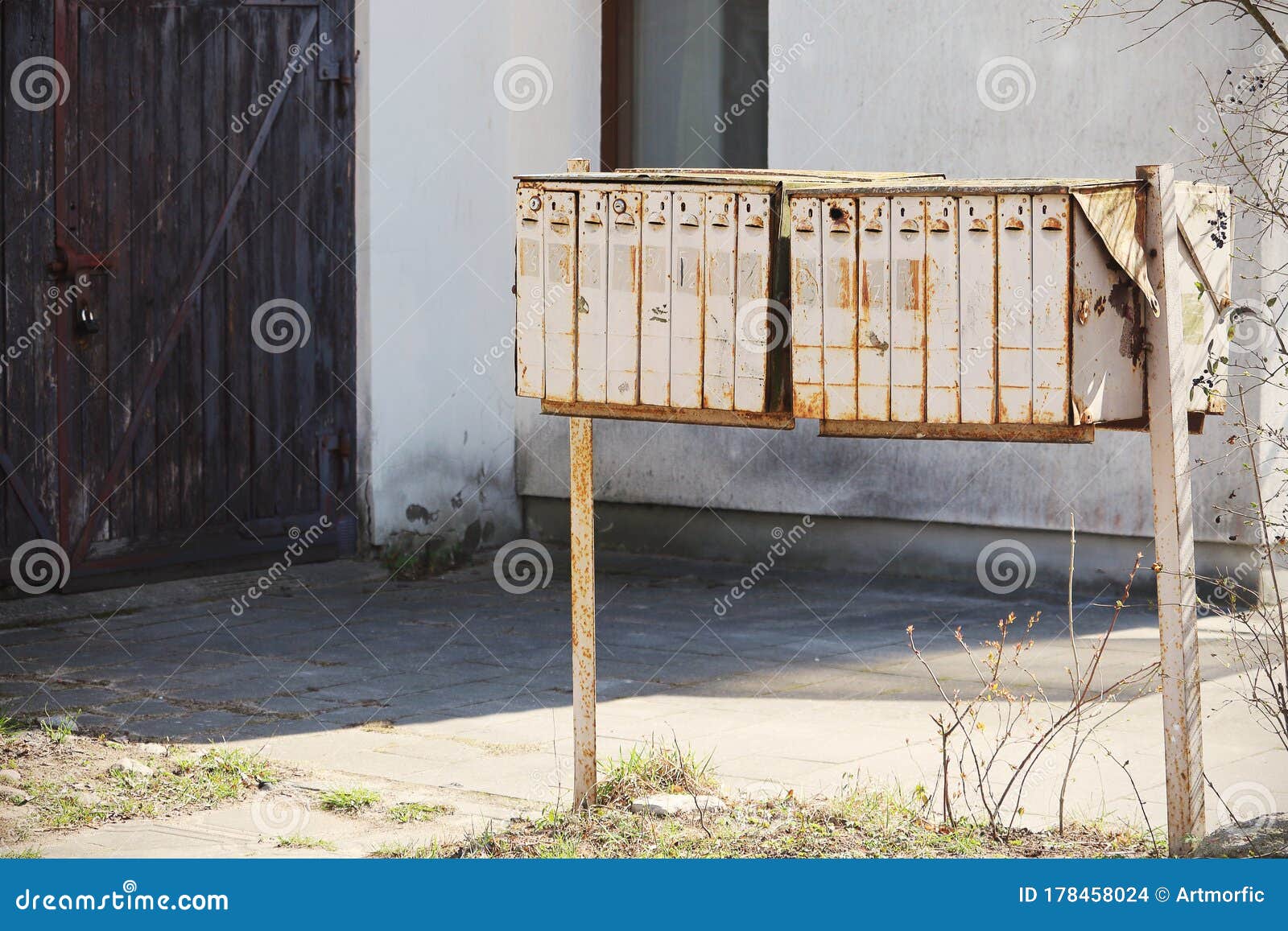 Old White Rusty Mail Boxes in Empty Yard Stock Photo - Image of aged ...