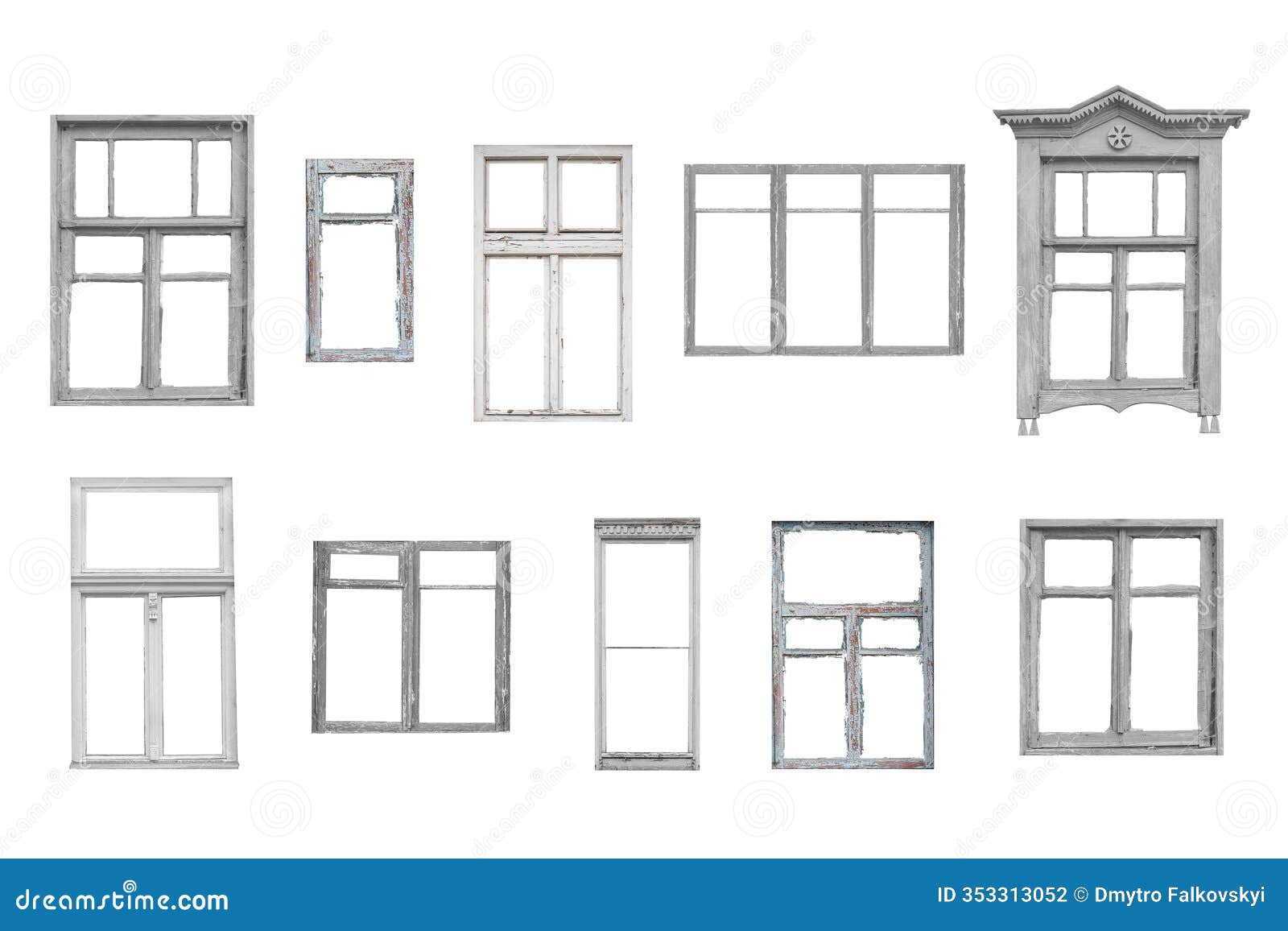 Old White Window Frames, Different Shapes Isolated on White Background ...