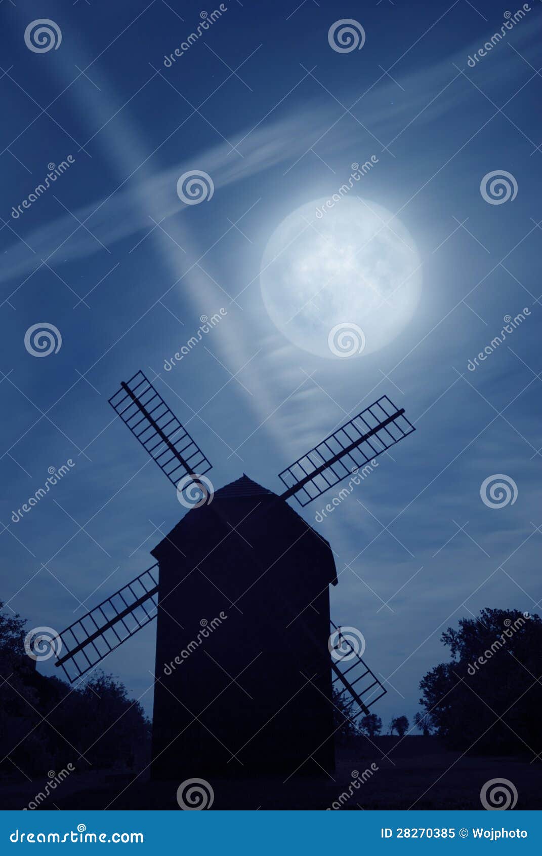 Old Wind Mill and Full Moon Night Stock Image - Image of clouds, land ...
