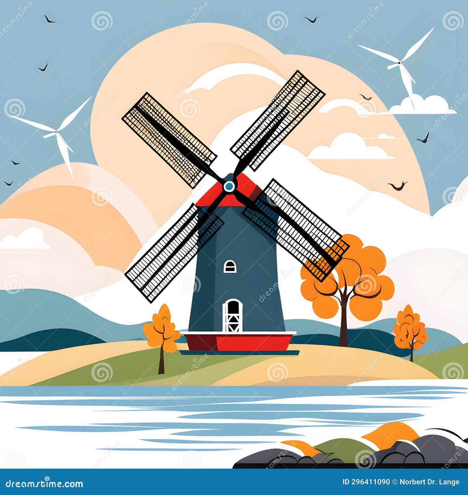 Old windmill, AI-Generatet stock photo. Image of trees - 296411090