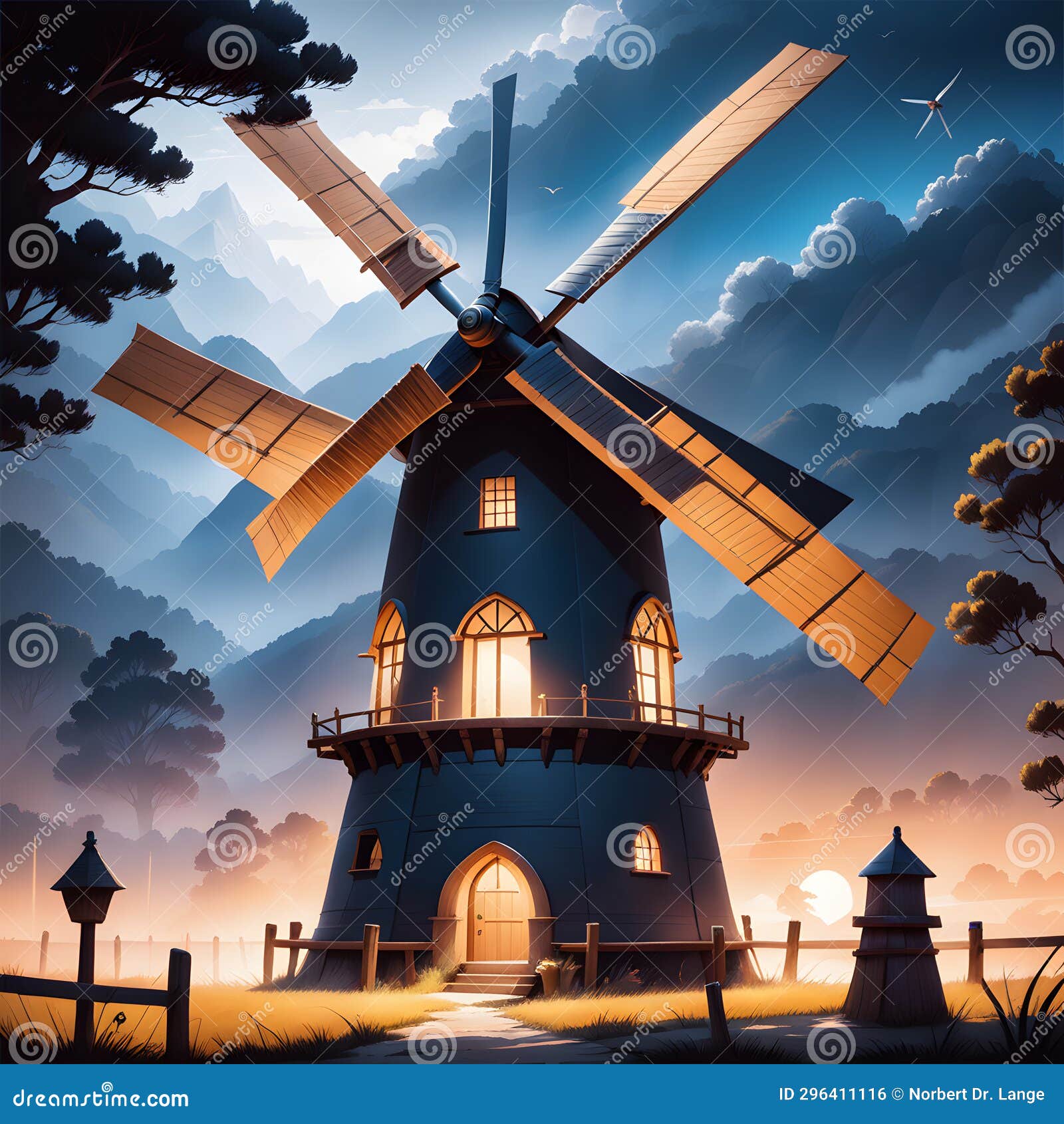 Old windmill, AI-Generatet stock illustration. Illustration of mill ...