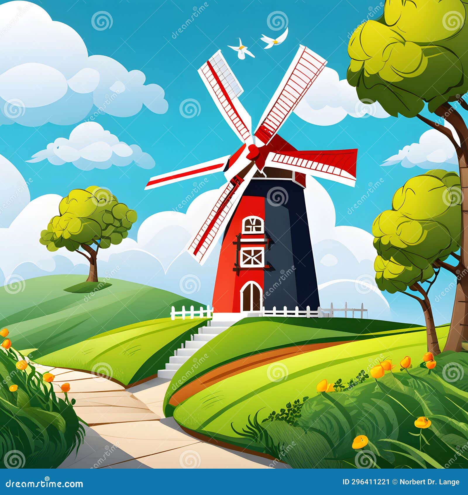 Old windmill, AI-Generatet stock image. Image of wings - 296411221