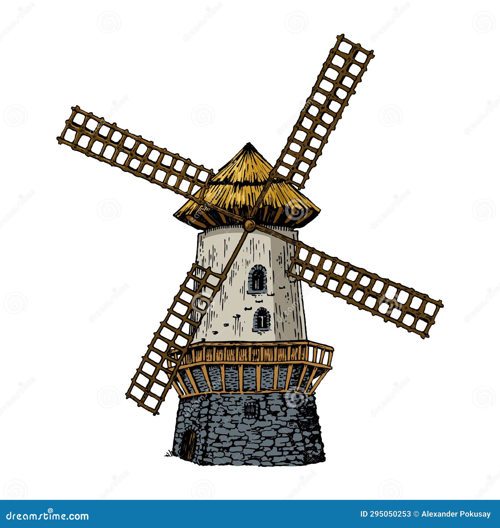 Old Windmill Engraving Style Vector Illustration Stock Illustration ...