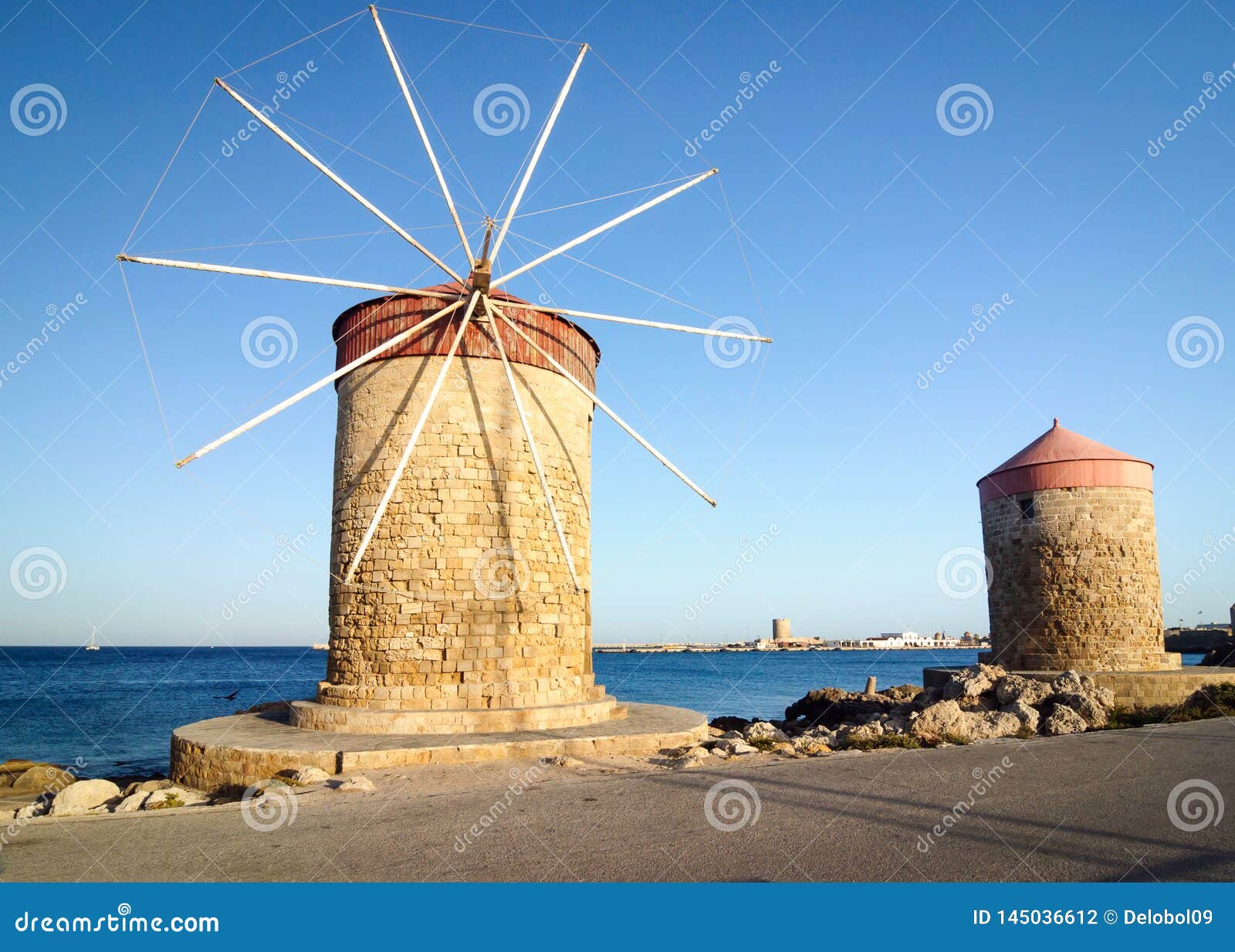 Old Windmill in Mandraki Port of Rhodes. Stock Photo - Image of islands ...