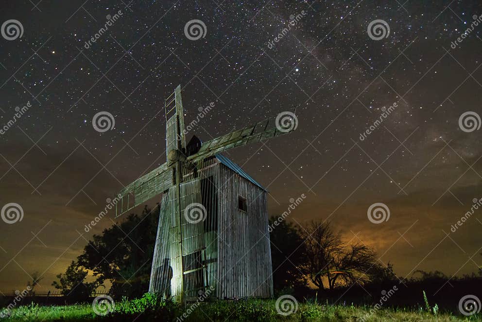 Old Windmill at Night with Starry Sky Stock Photo - Image of dark ...