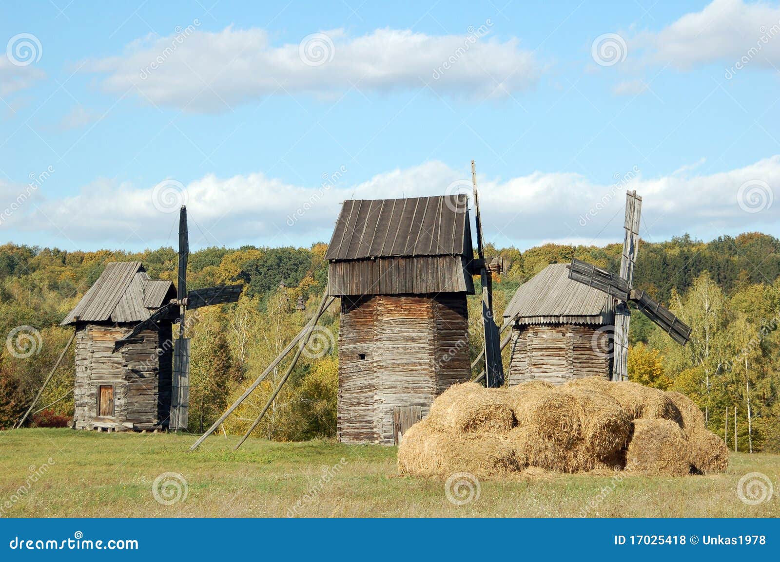 Old Windmill and Straw Roll Stock Photo - Image of scene, blue: 17025418