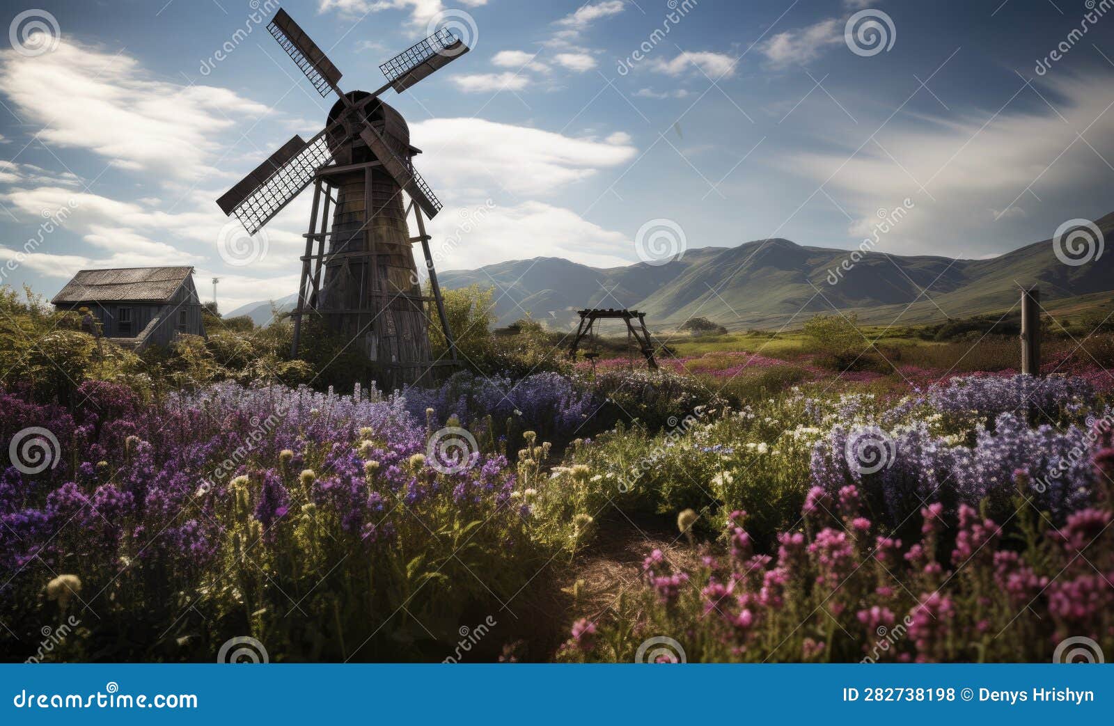 Old Windmill Towers Over Field of Wildflowers Creating Using Generative ...