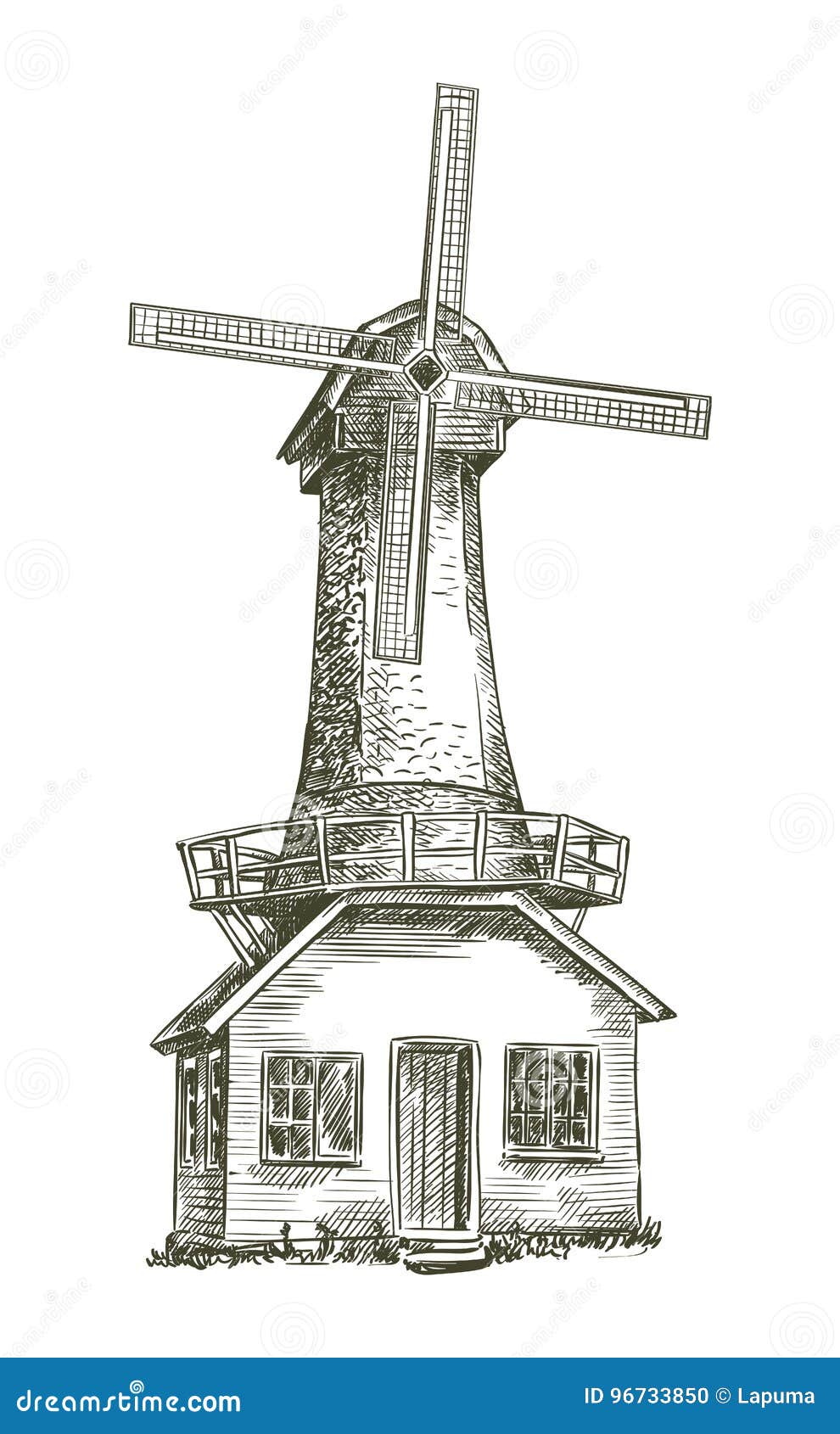 Old Windmill. Vector Sketch on White Stock Vector - Illustration of ...
