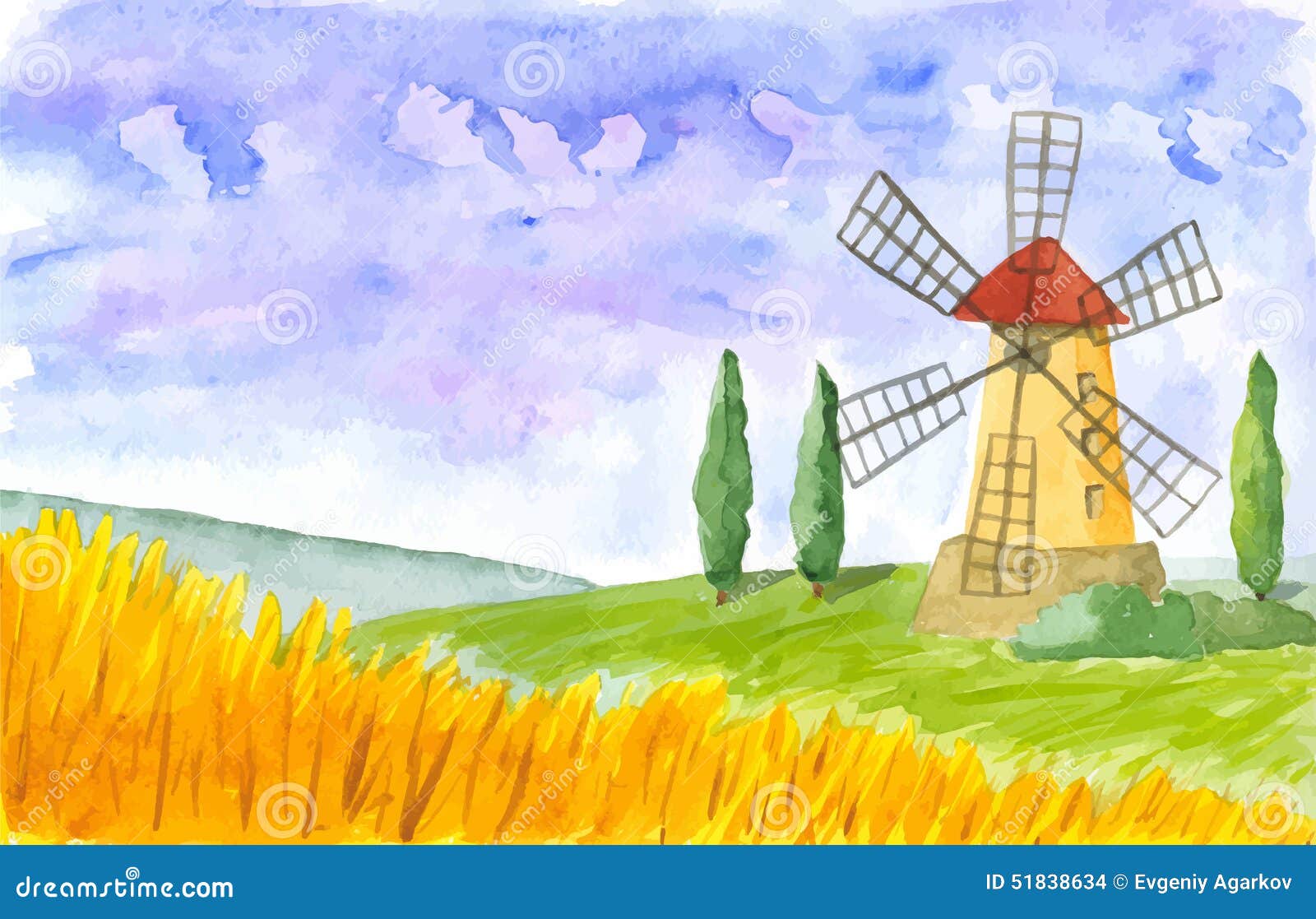 Old windmill. Watercolor stock illustration. Illustration of house ...