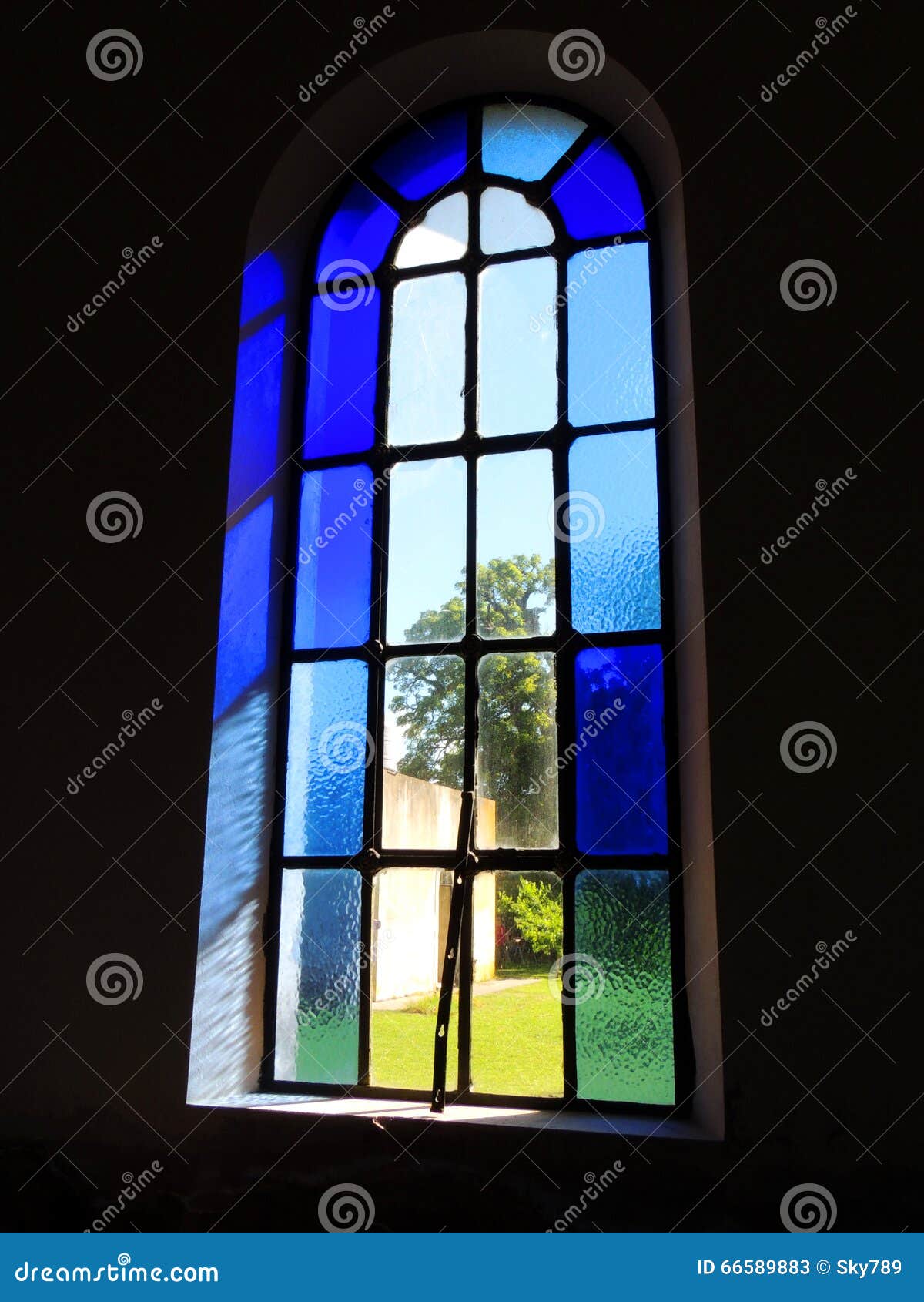 Old Window with Blue Stained Glass Stock Image - Image of colorful ...