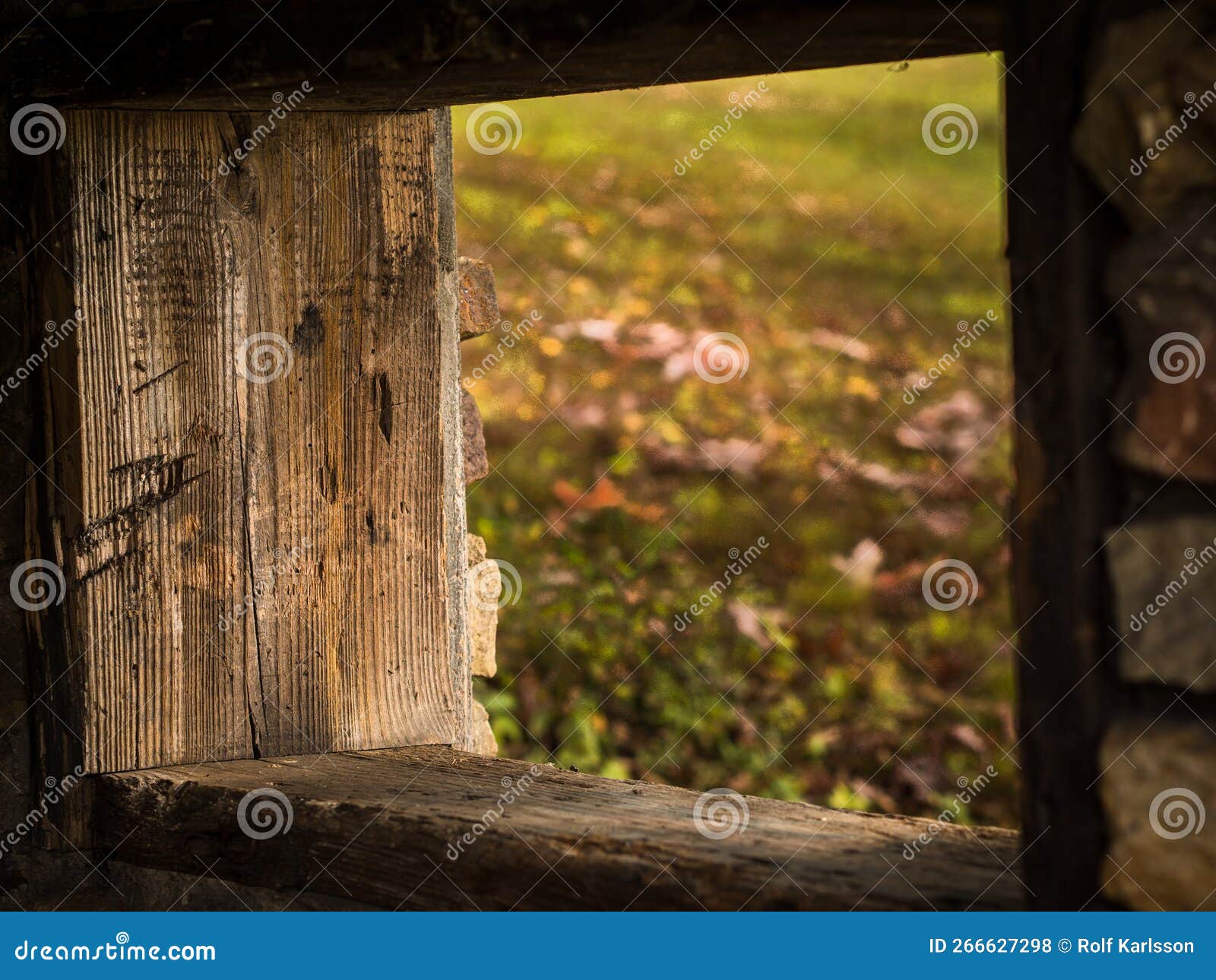 Old Window Opening Framed by Wooden Boards with Grass Outside Stock ...