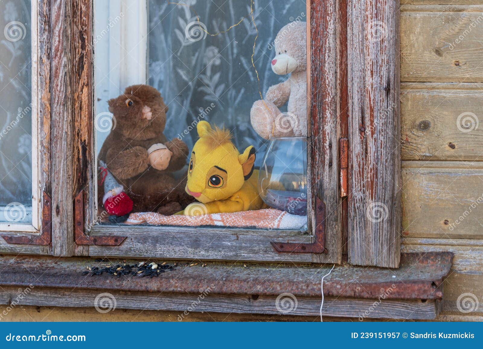 An Old Window with Various Soft Toys Stock Image - Image of wooden ...