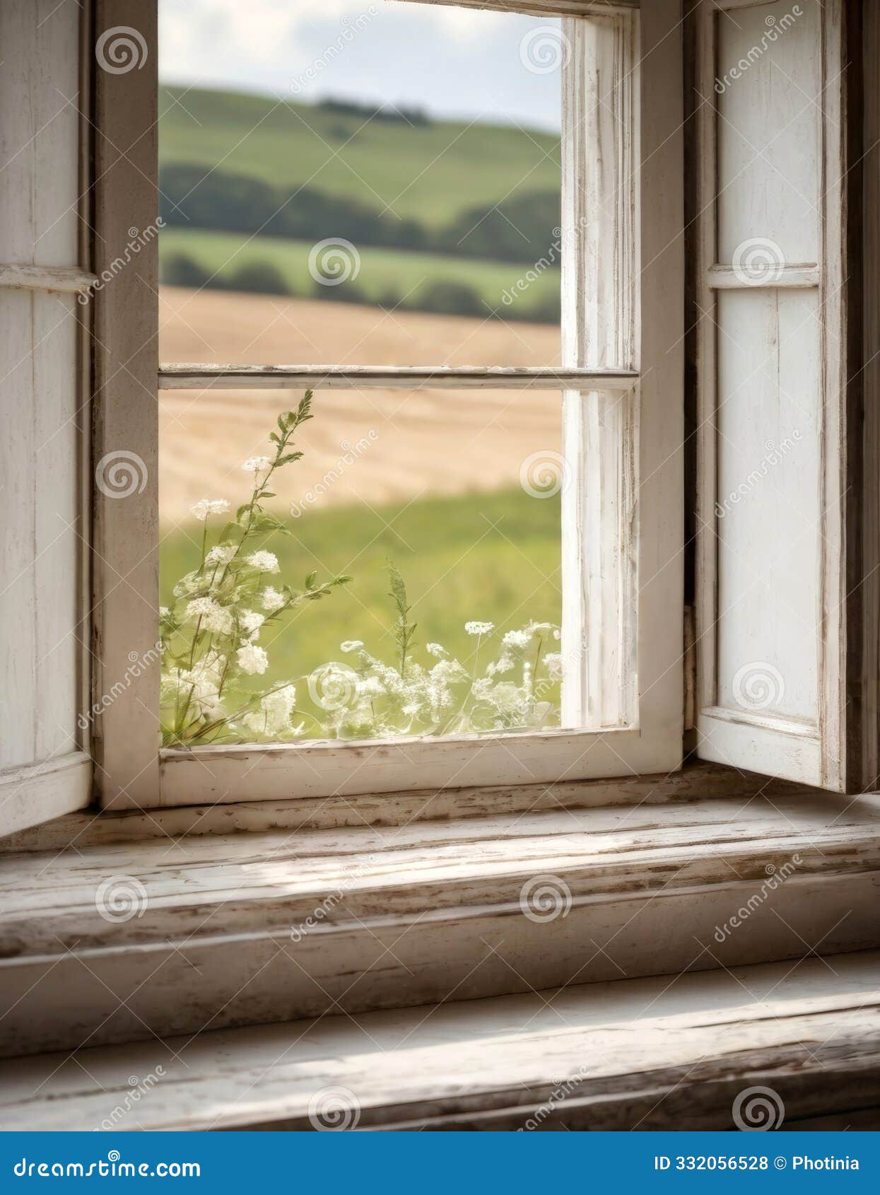 Old Window and Windowsill Overlooking a Landscape Stock Illustration ...