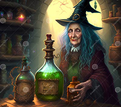 Old Witch and Magic Potions, Generative AI Illustration Stock ...
