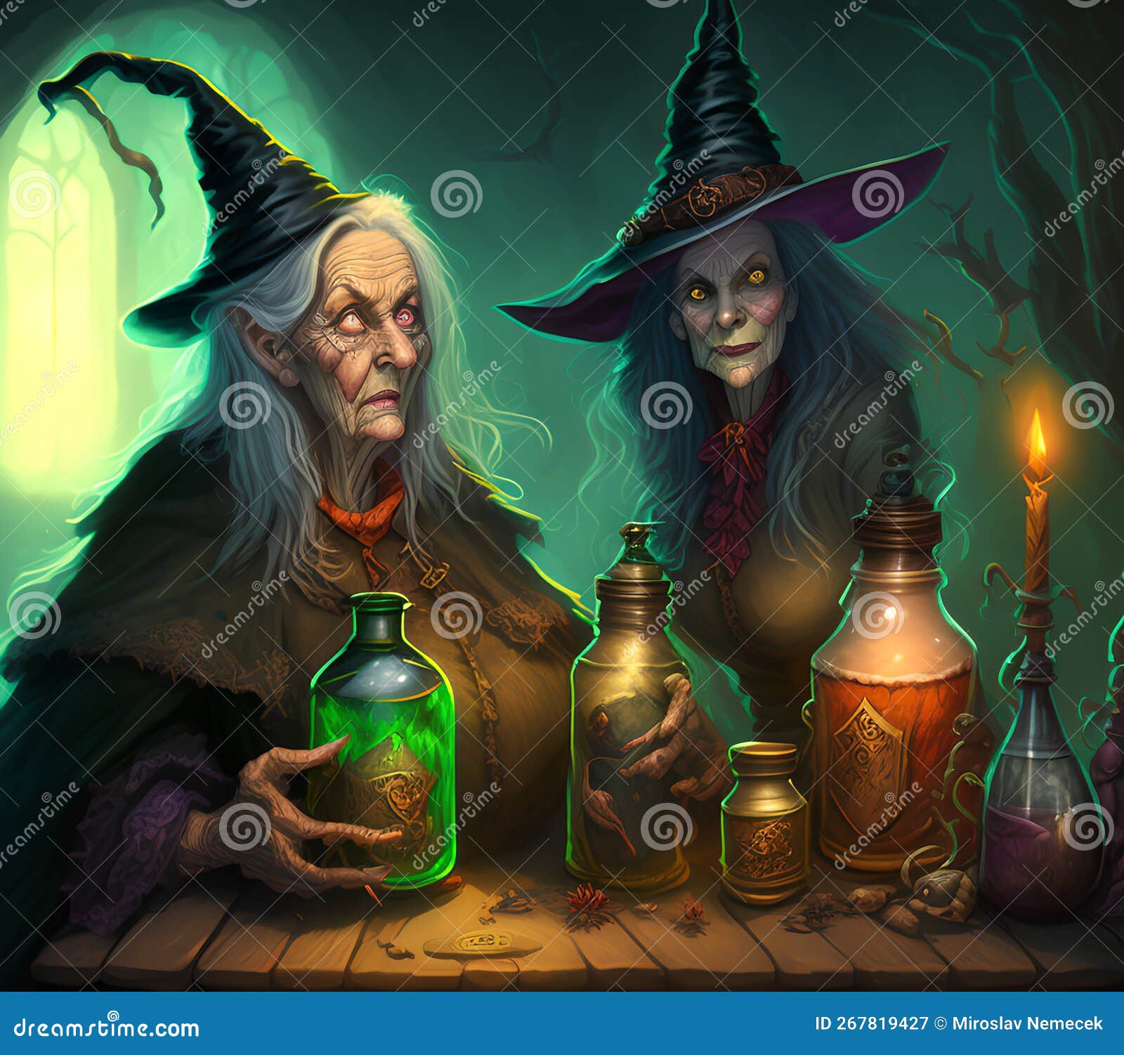Old Witch and Magic Potions, Generative AI Illustration Stock ...