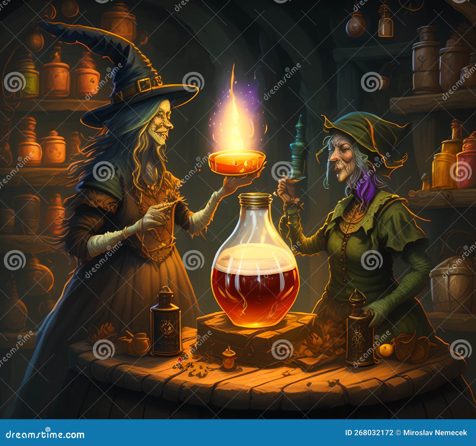 Old Witch and Magic Potions, Generative AI Illustration Stock ...