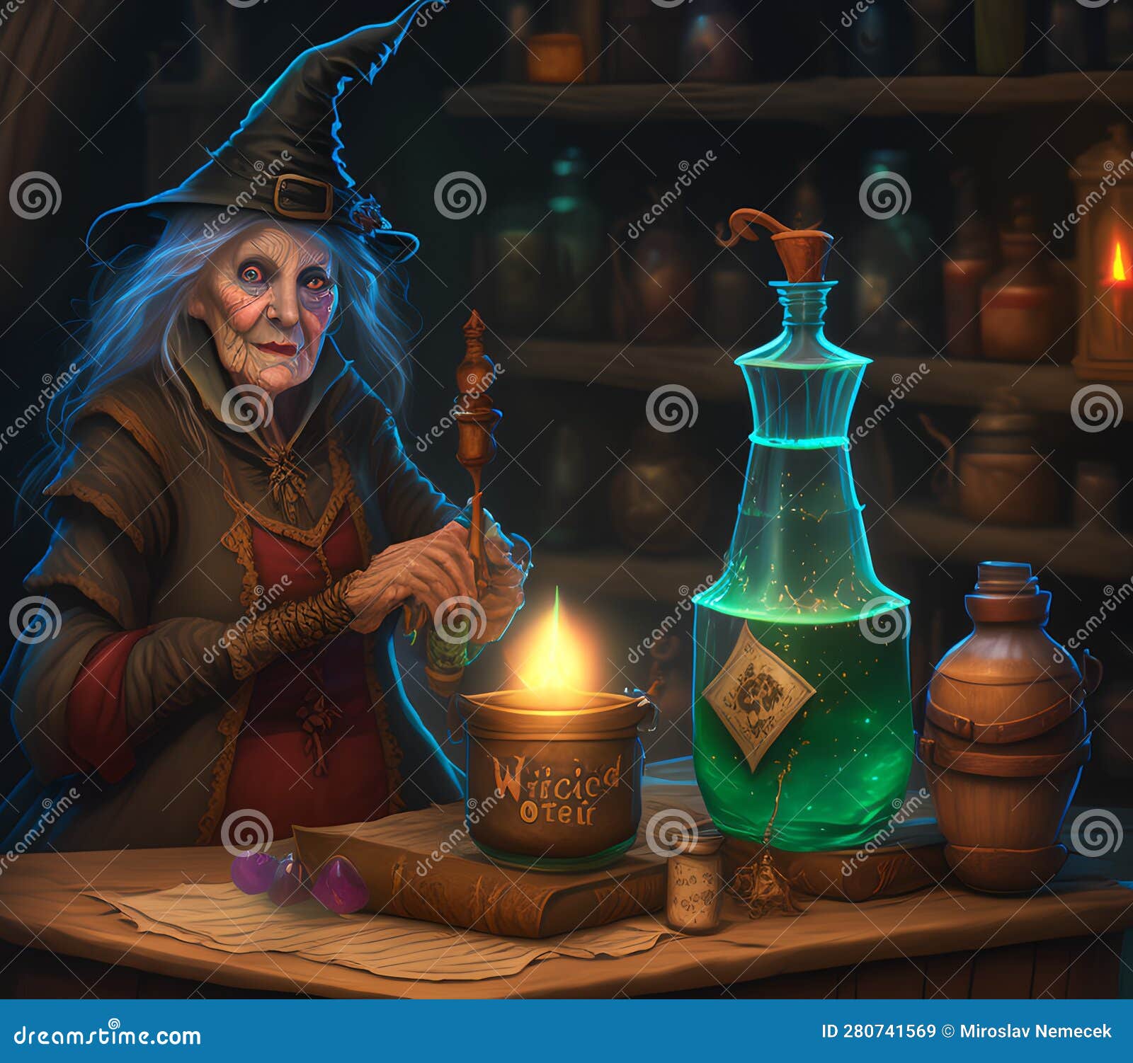 Old Witch and Magic Potions, Generative AI Illustration Stock ...