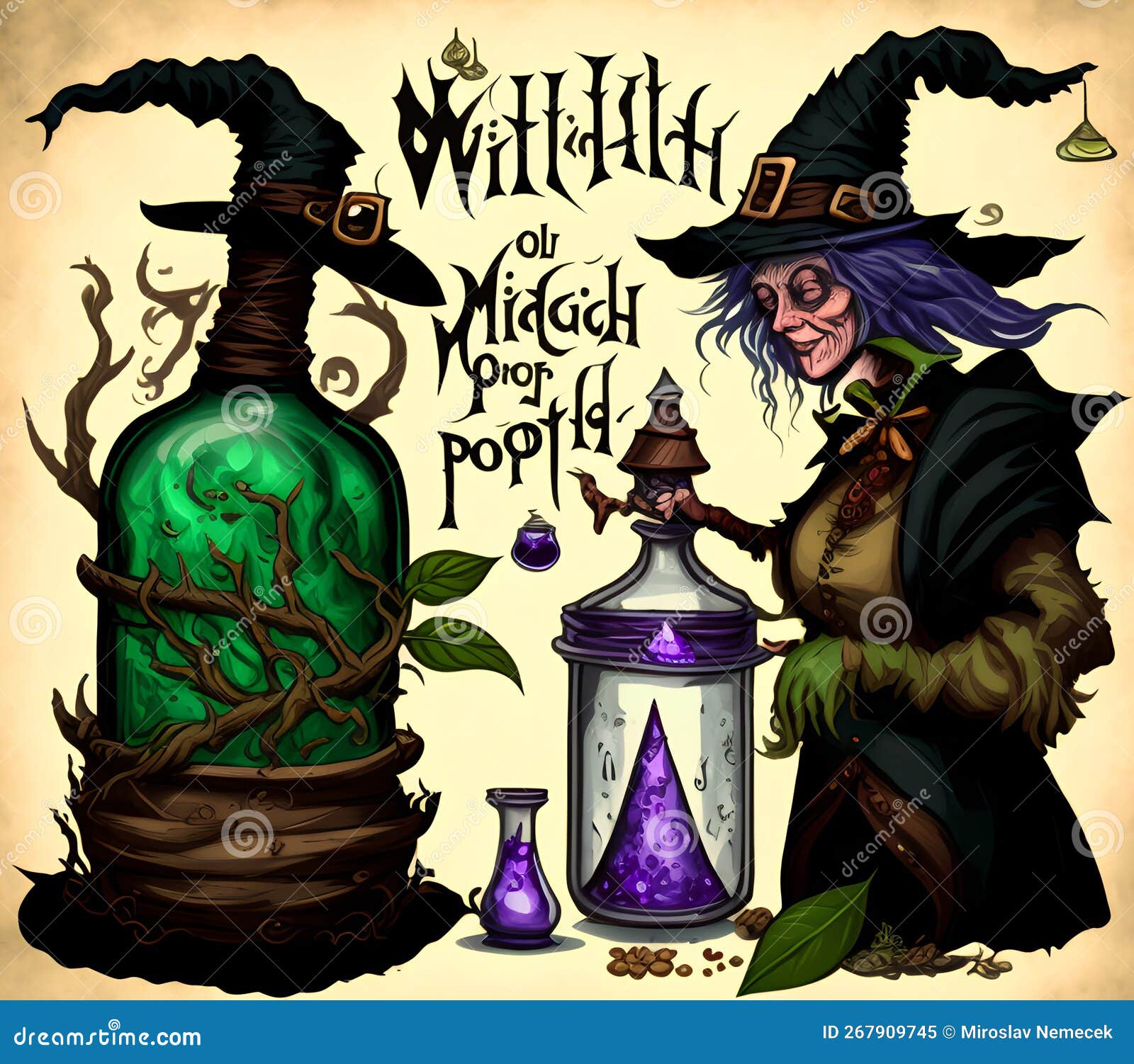 Old Witch and Magic Potions, Generative AI Illustration Stock ...