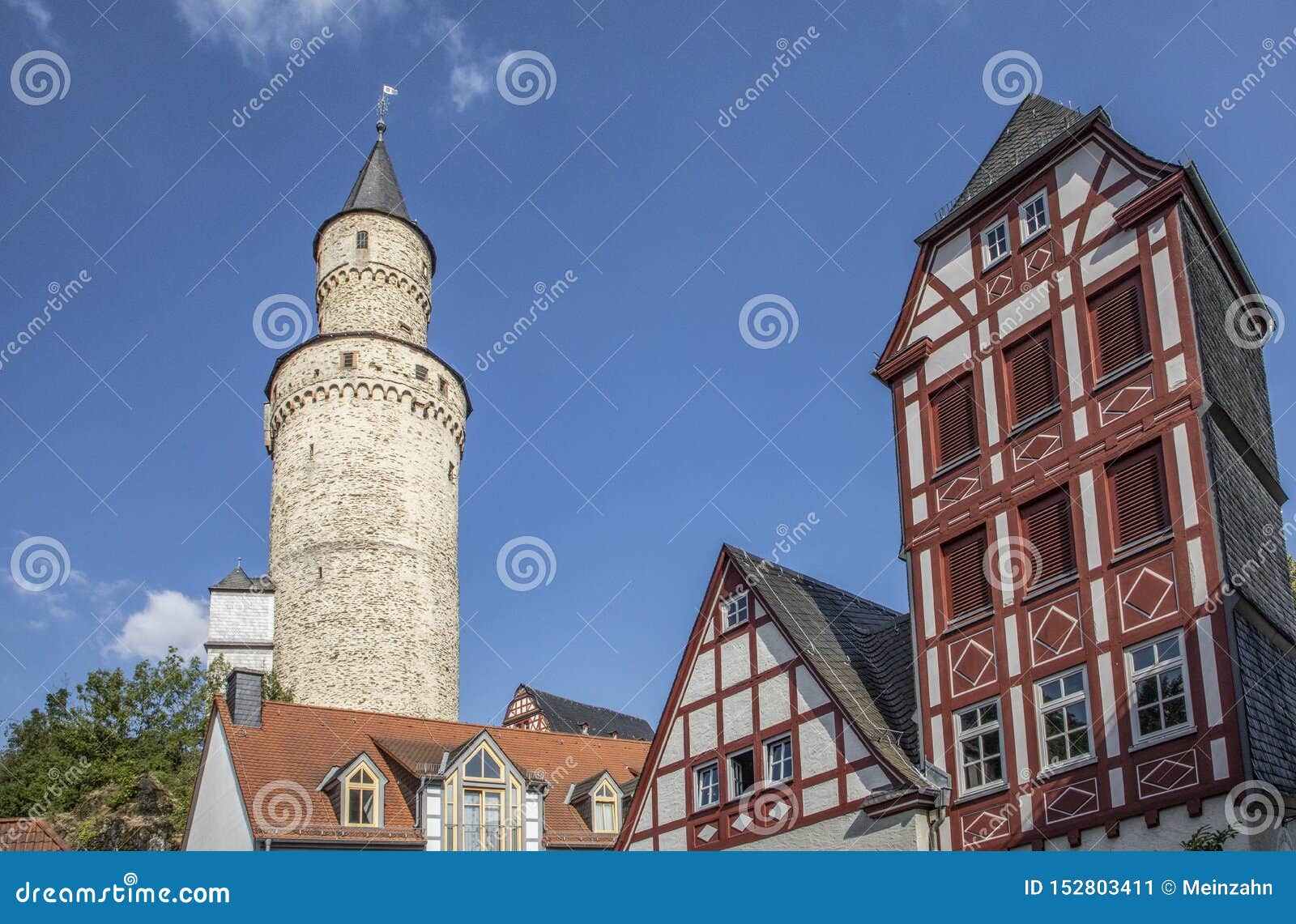 Old Witch Tower in Idstein and Facade of Half Timbered House Stock ...