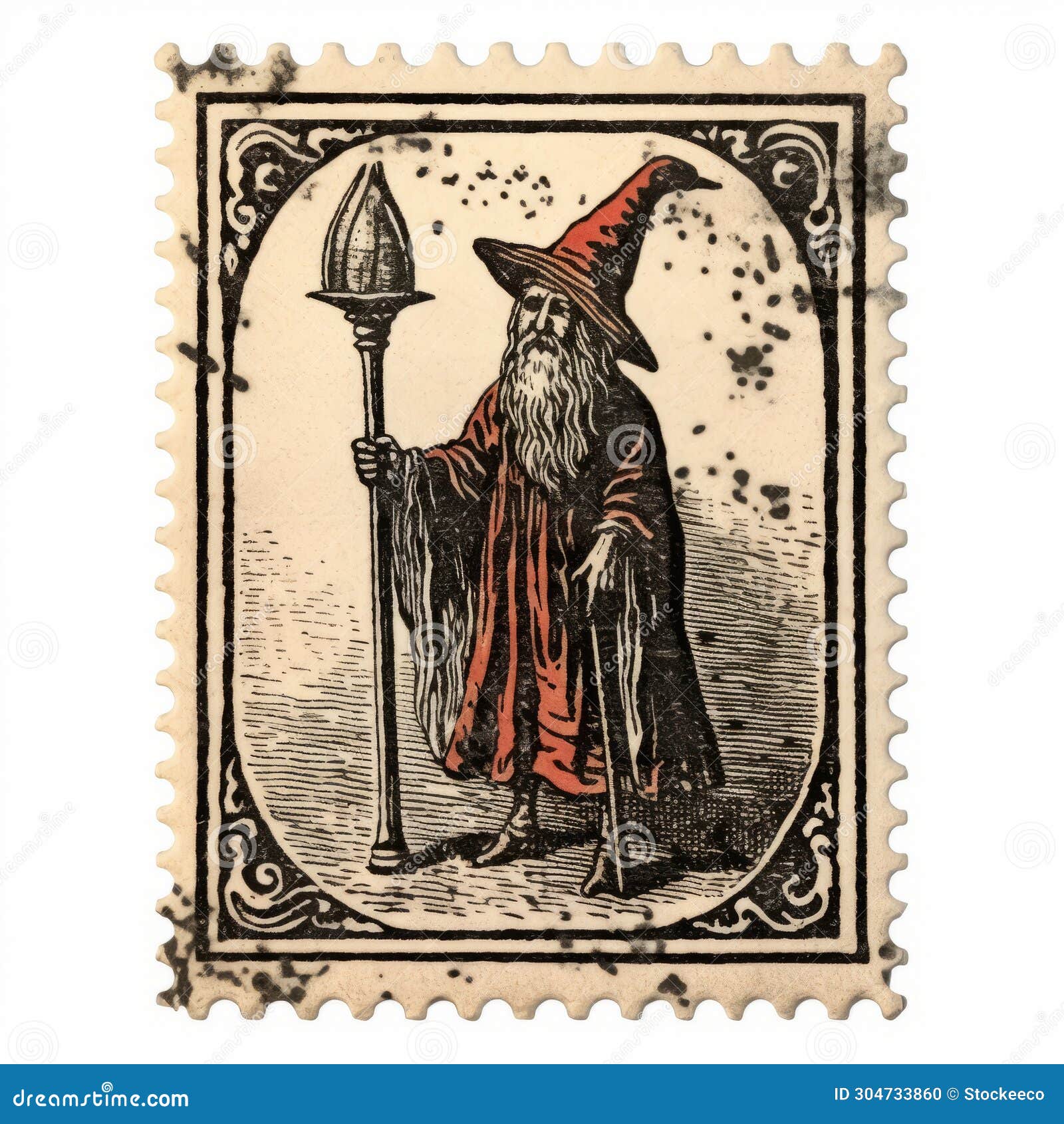 Vintage Wizard Stamp with Highly Detailed Engraving Stock Illustration ...