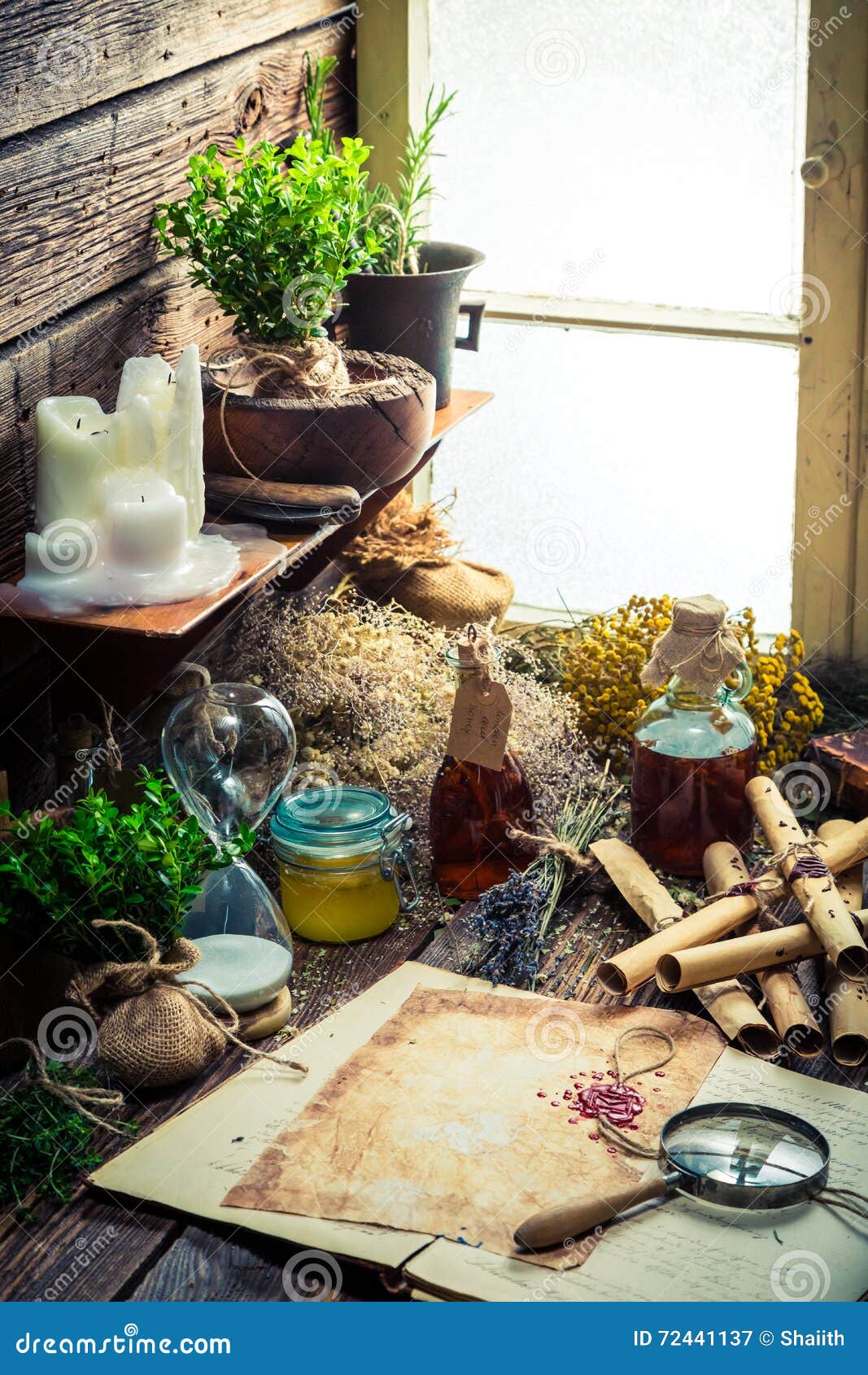 Old Witch Workshop with Scrolls and Ingredients Stock Image - Image of ...
