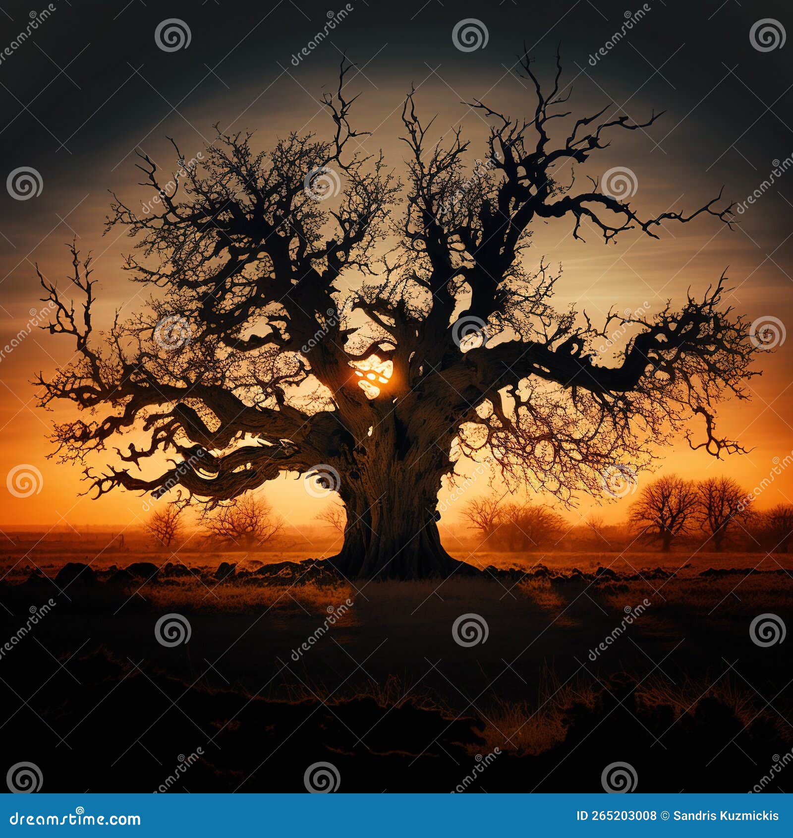 An Old, Withered Branched Oak in Field on Sunset. Generative AI Stock ...