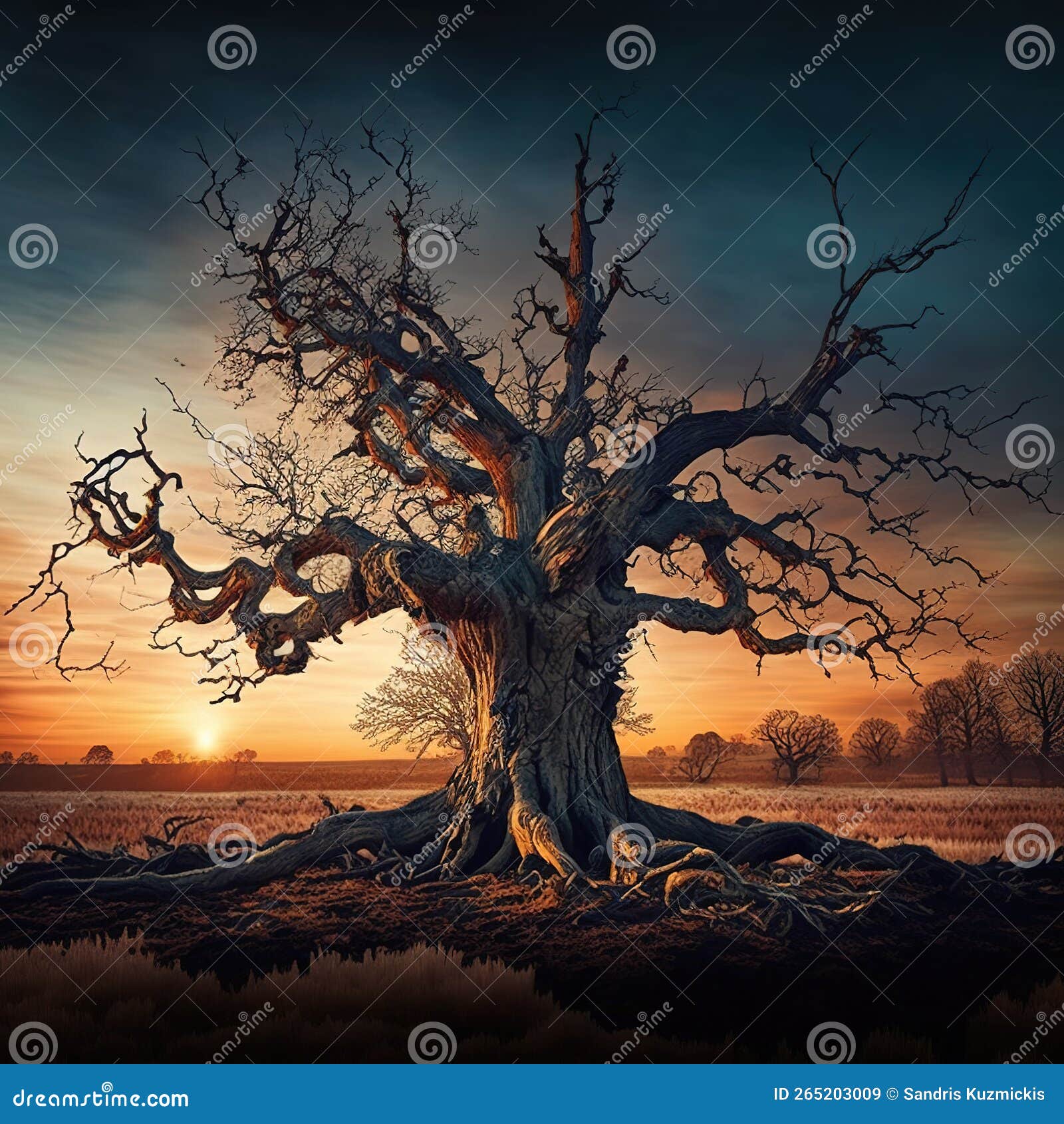 An Old, Withered Branched Oak in Field on Sunset. Generative AI Stock ...