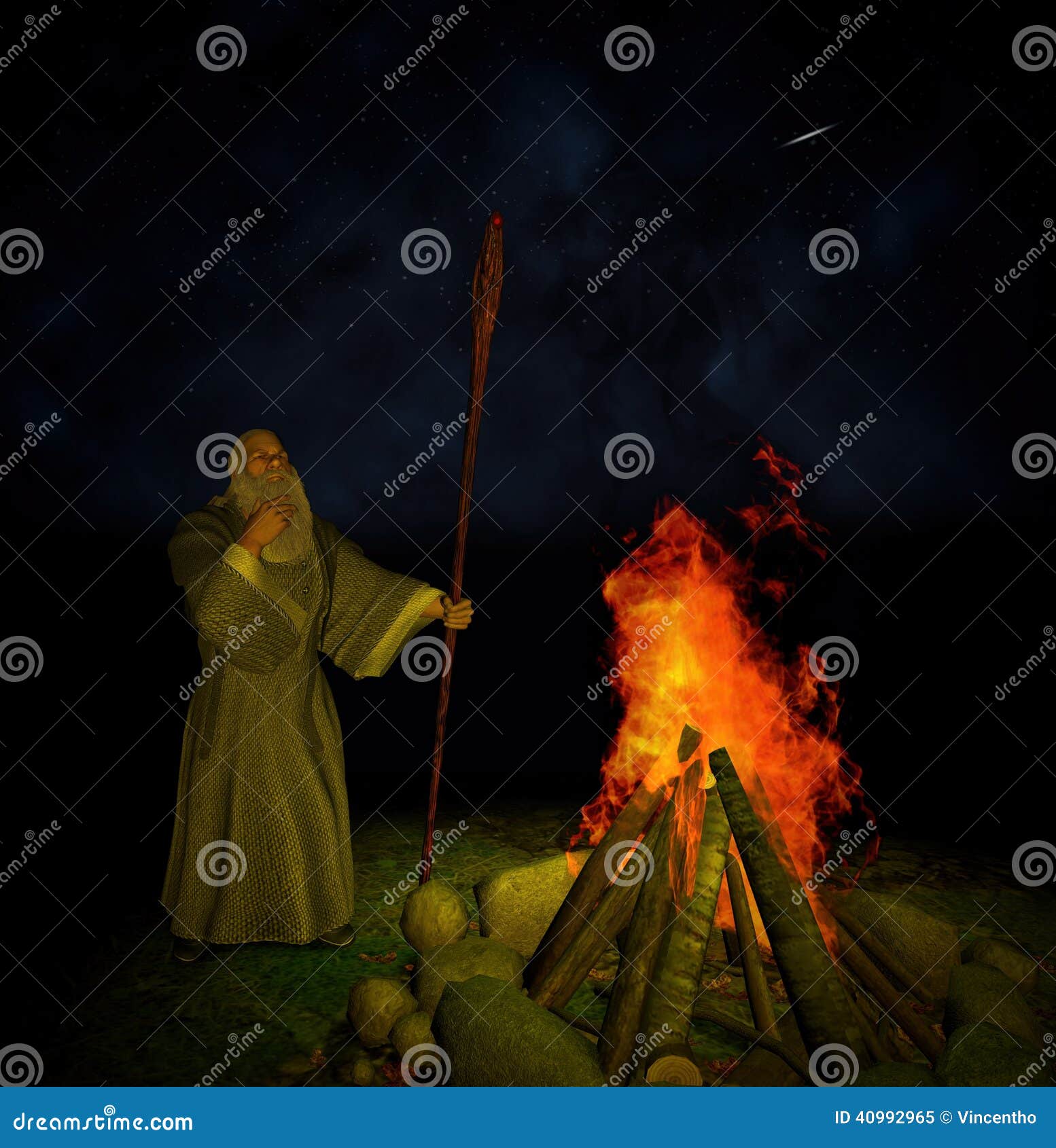Old Wizard Campfire Night Sky Shooting Stars Stock Illustration ...