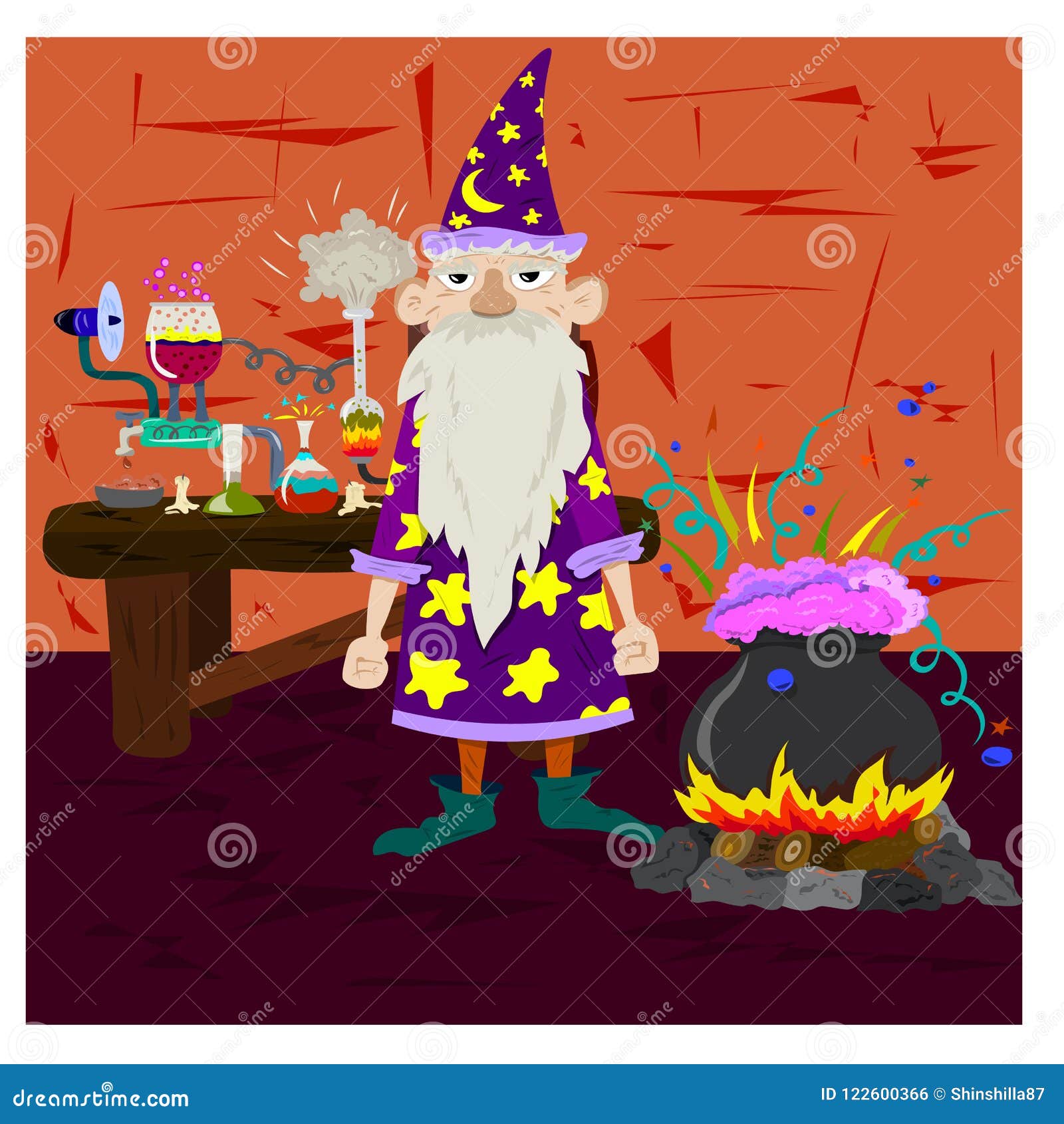 The Old Wizard Cooks the Potion in the Cauldron and Puts the ...