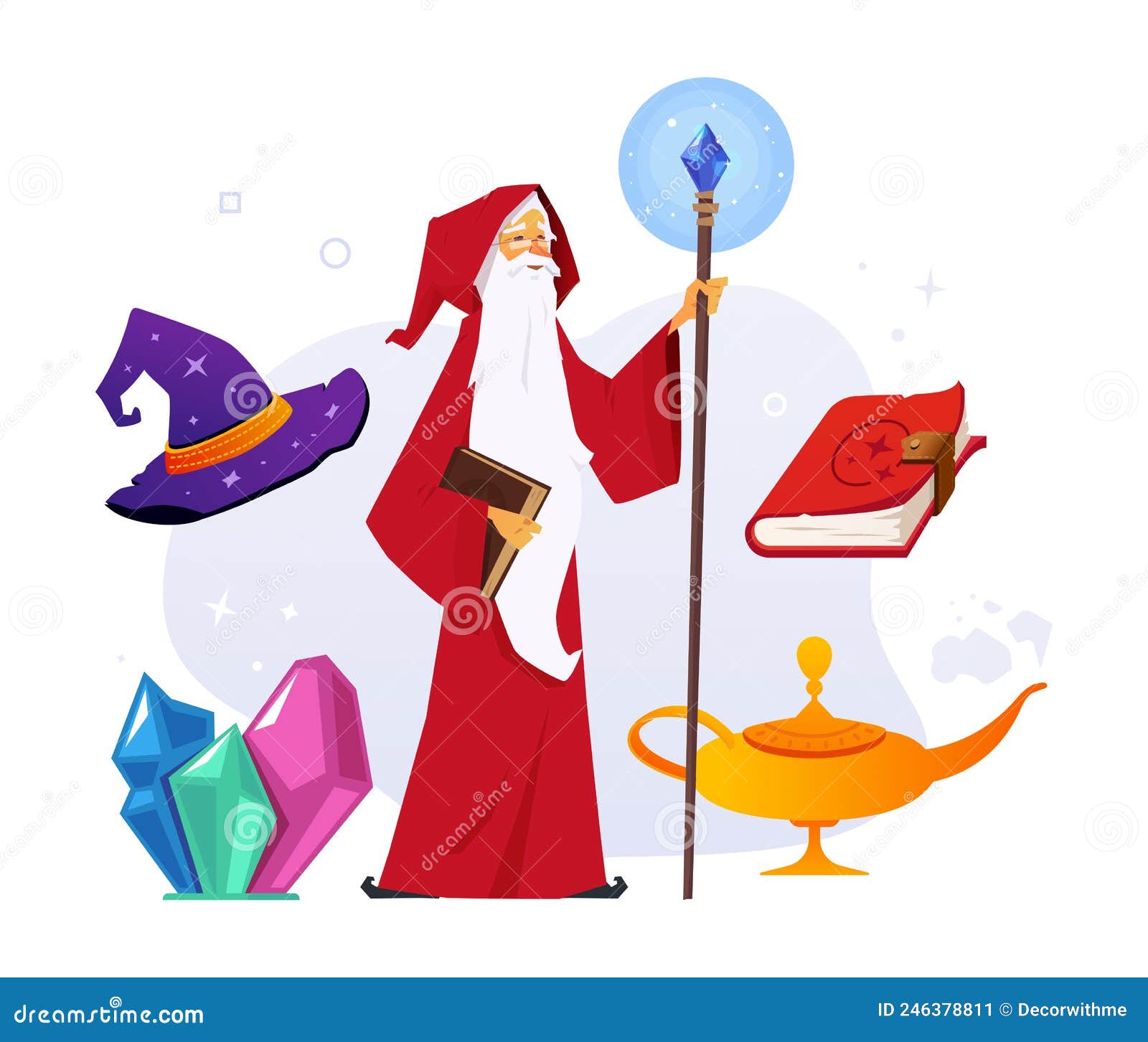 Old Wizard and Magic Items - Modern Colored Vector Poster Stock Vector ...