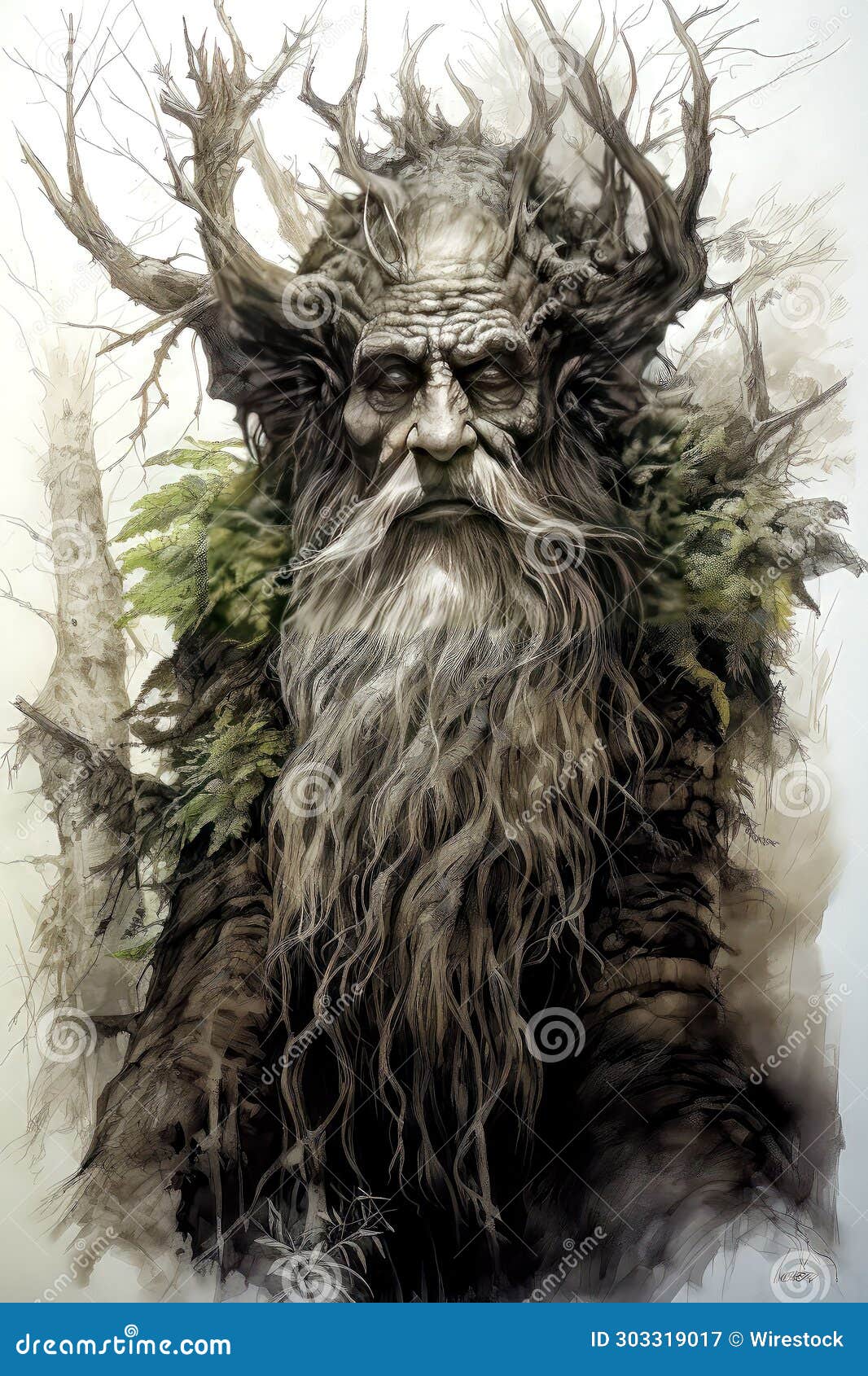 An Old Wizard in Moss-covered Robe and Crowned with a Wreath of Twisted ...