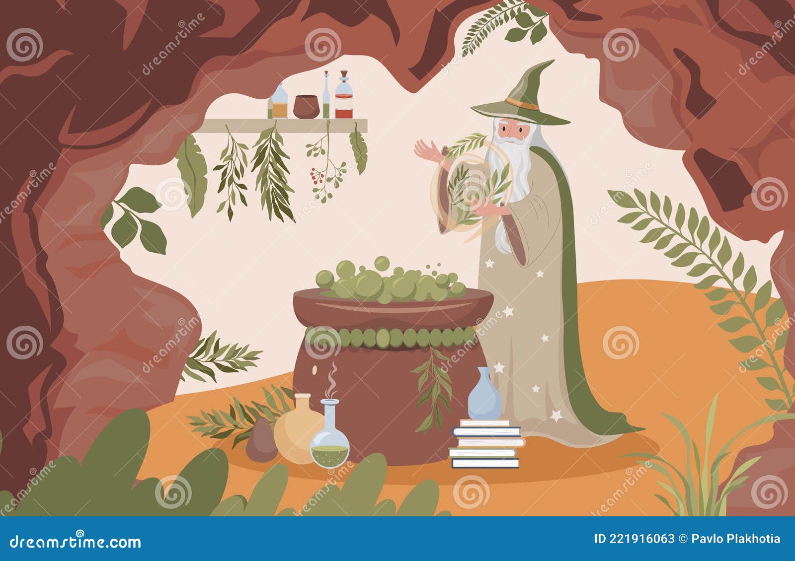 Old Wizard Preparing Magic Poison Vector Flat Illustration. Magician ...