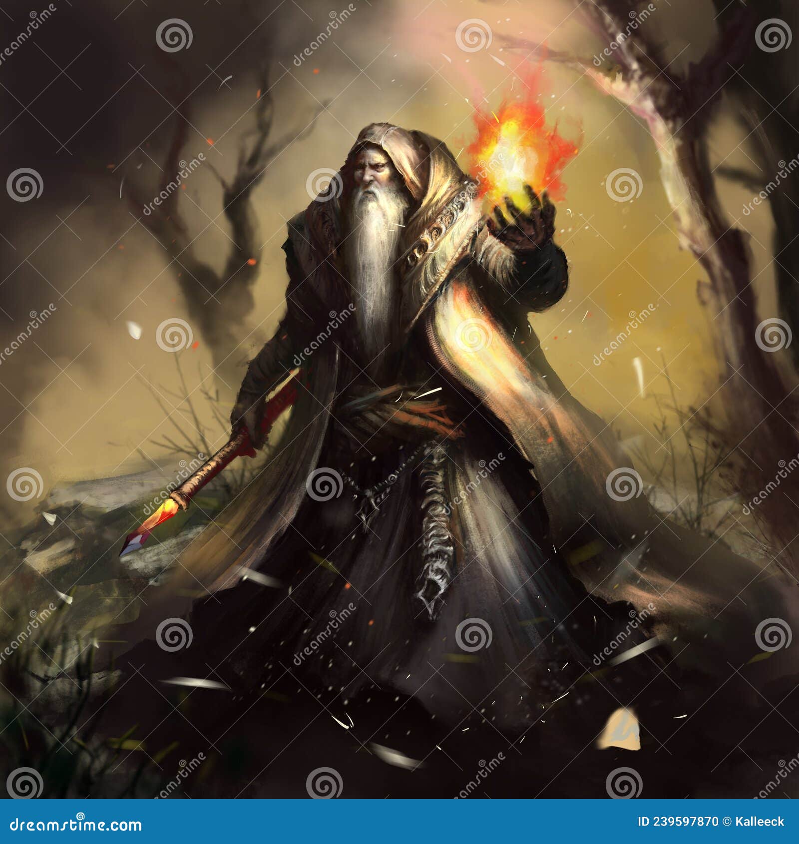 An Old Wizard in a Robe with a Staff and Amulets Uses Fire Magic, he ...