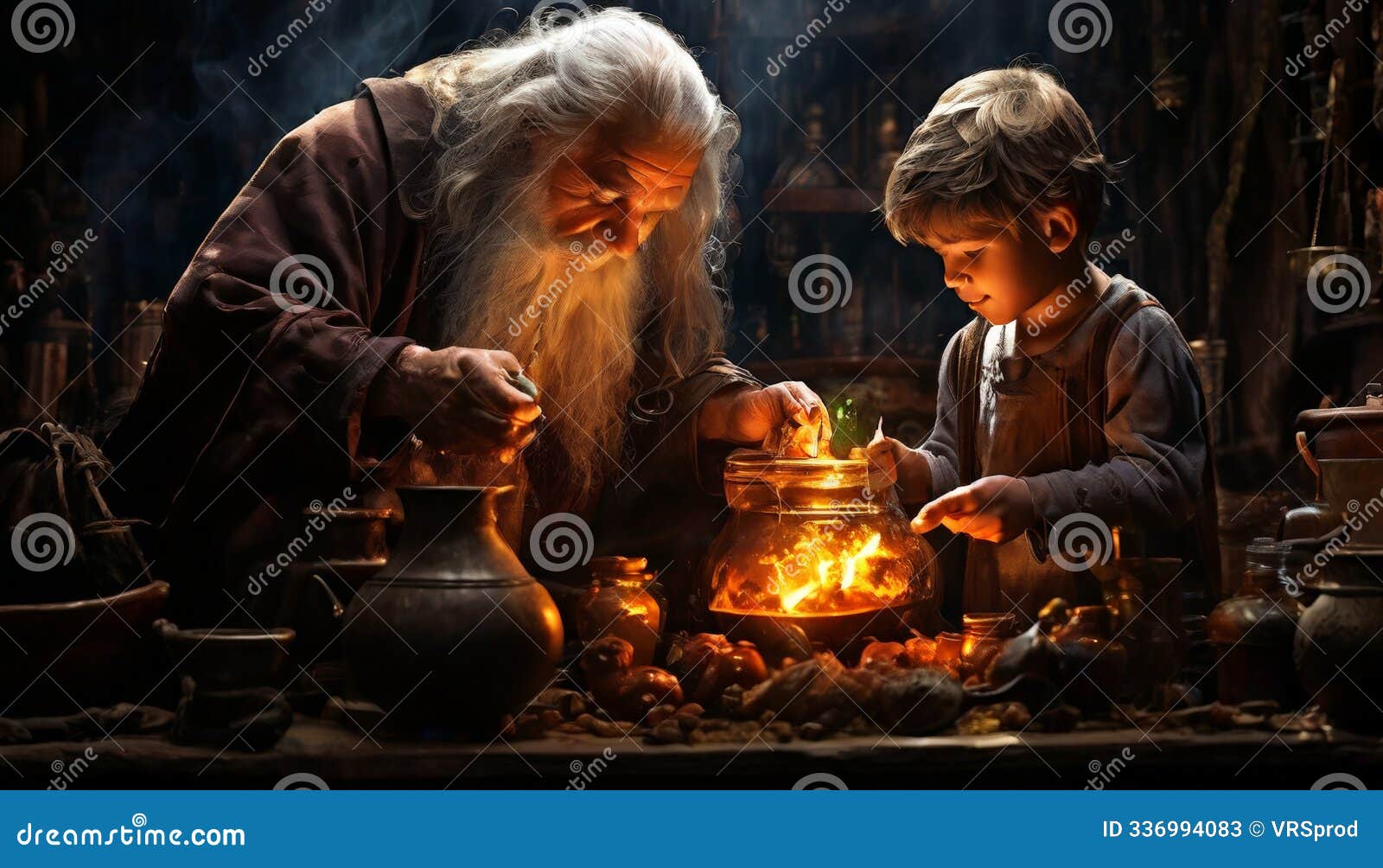 Wise Wizard Teaching Young Boy Magic by Glowing Potion Stock Image ...