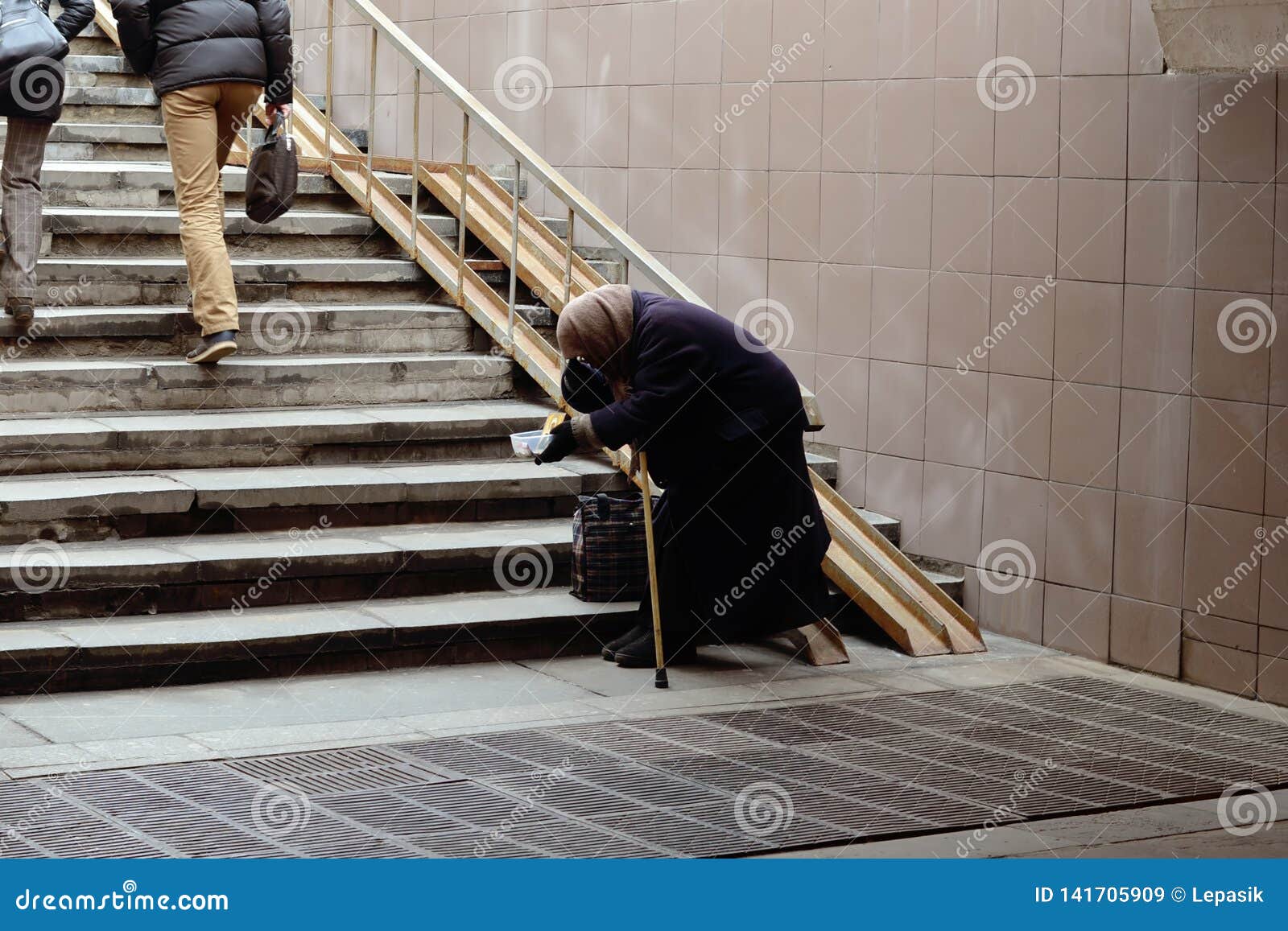Old Woman Beggar Begging in the Underpass Editorial Stock Image - Image ...