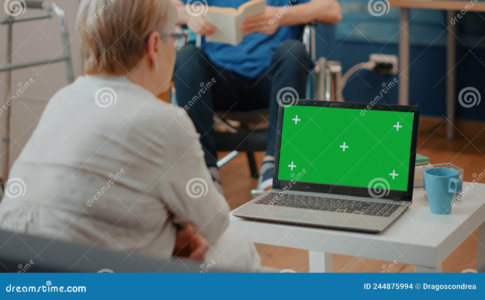 Old Woman with Disability Analyzing Green Screen on Computer Stock ...
