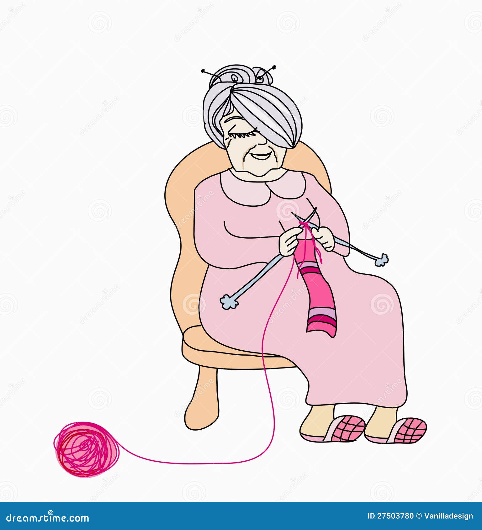 Old Woman Knitting Flat Vector Illustration Aged Lady Grandmother