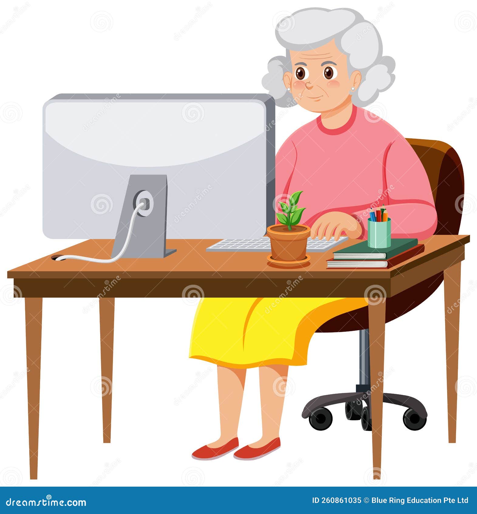Old Woman Sitting in Front of Computer Stock Vector - Illustration of ...