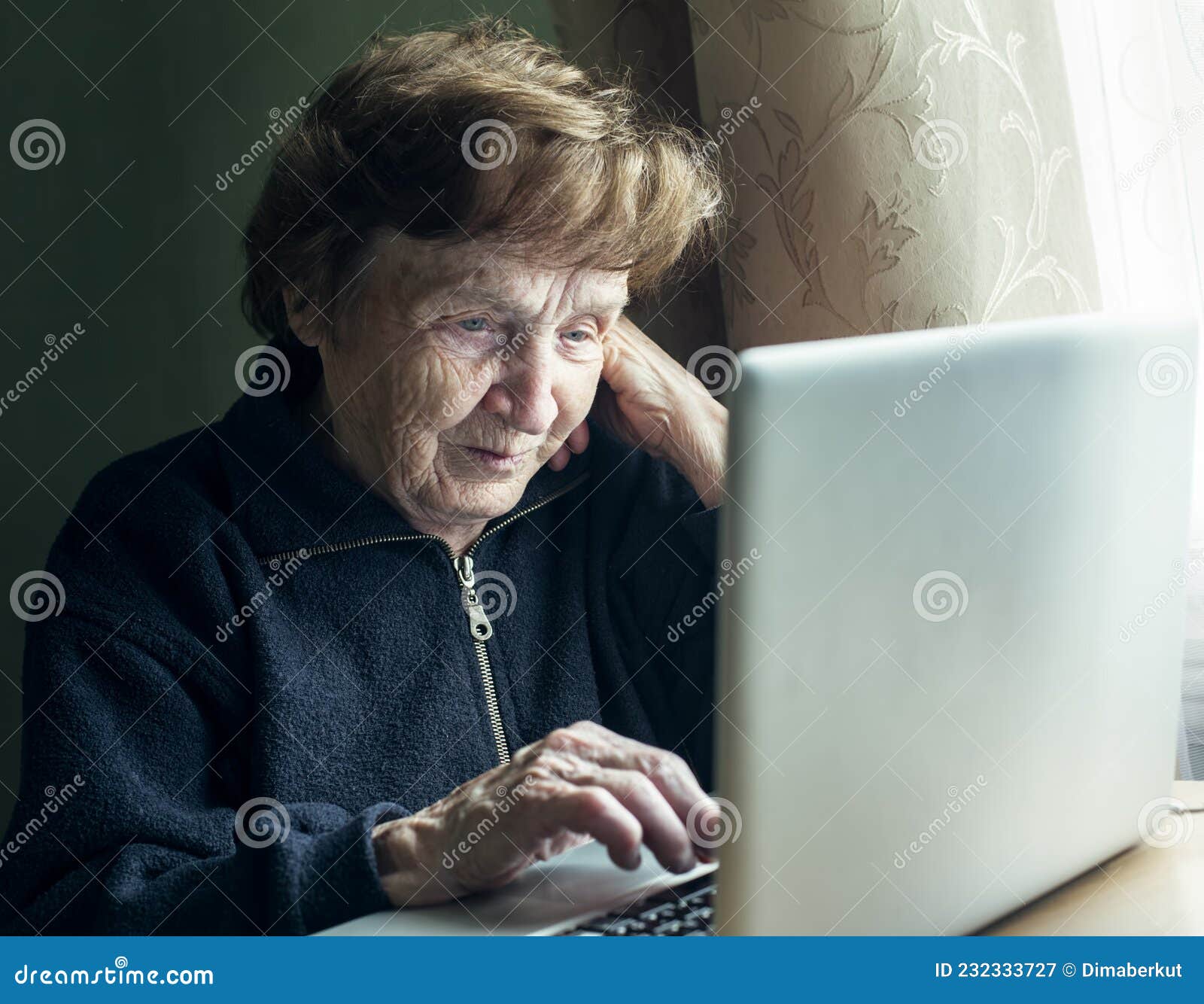 An Old Woman Studying on the Computer in Her Home. Stock Image - Image ...