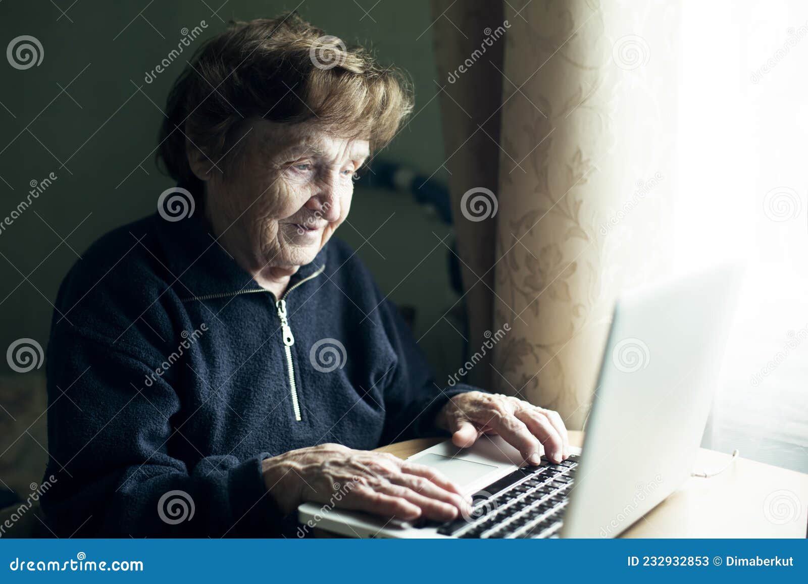 An Old Woman Studying Working on the Computer in Her Home. Stock Image ...