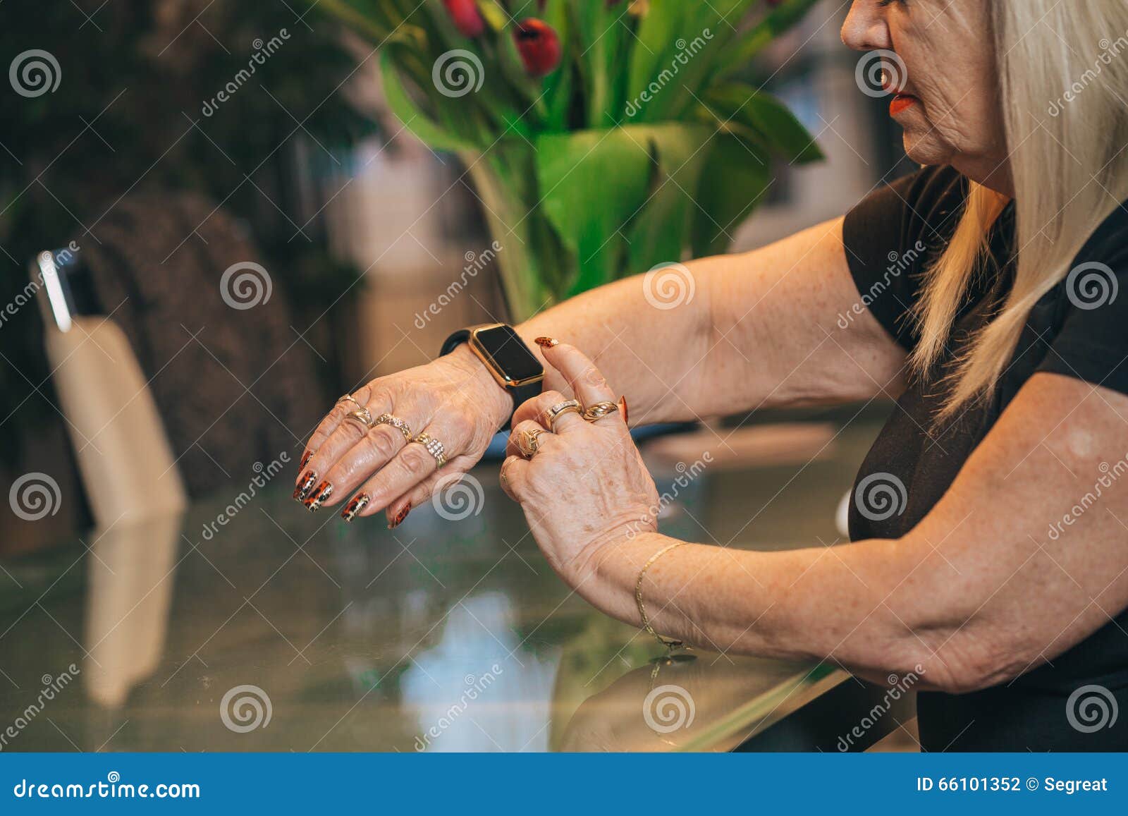 Old Woman Use Smartwatch at Home Stock Photo - Image of home ...